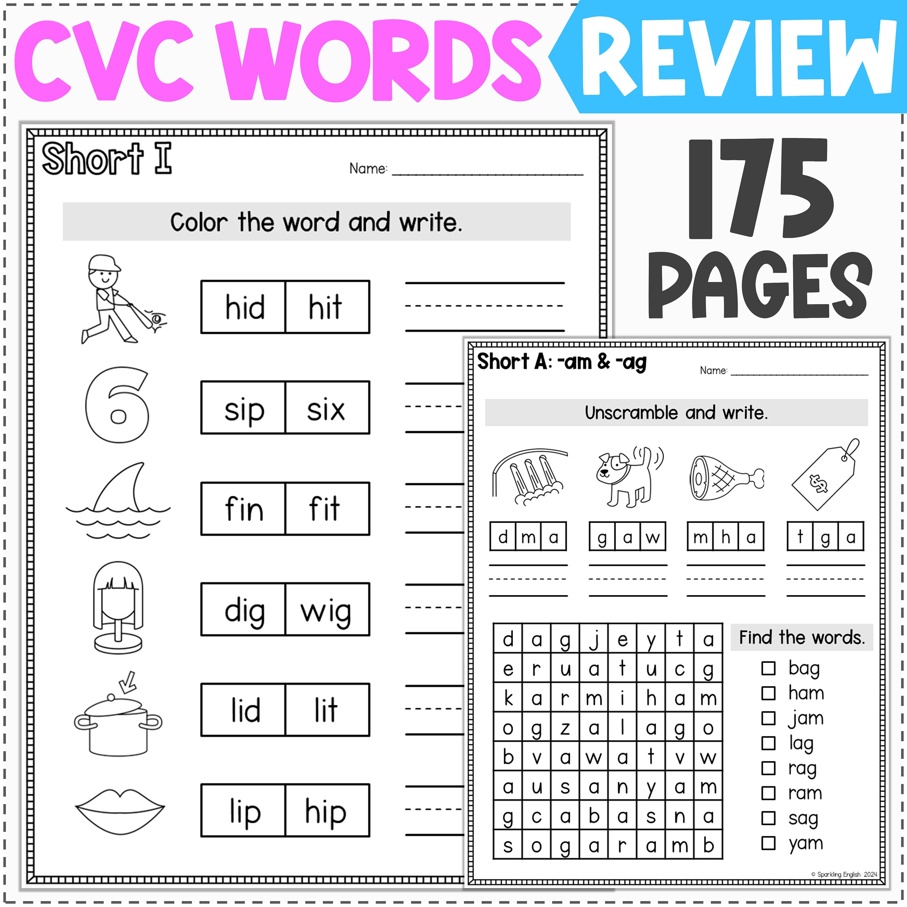 CVC Words Review Bundle | CVC Word Families Phonics Worksheets ...