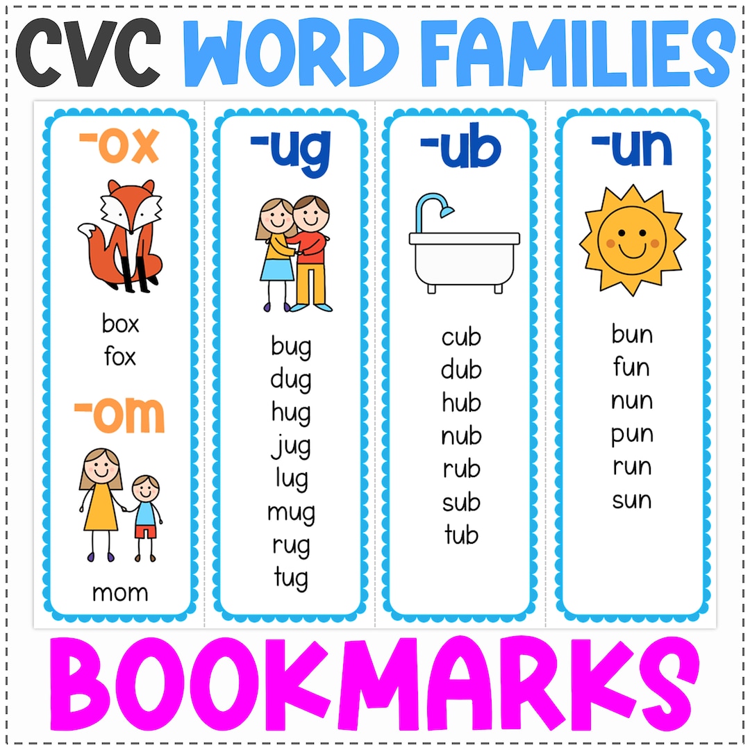 CVC Word Families Bookmarks | CVC Words List Review | Kindergarten and ...