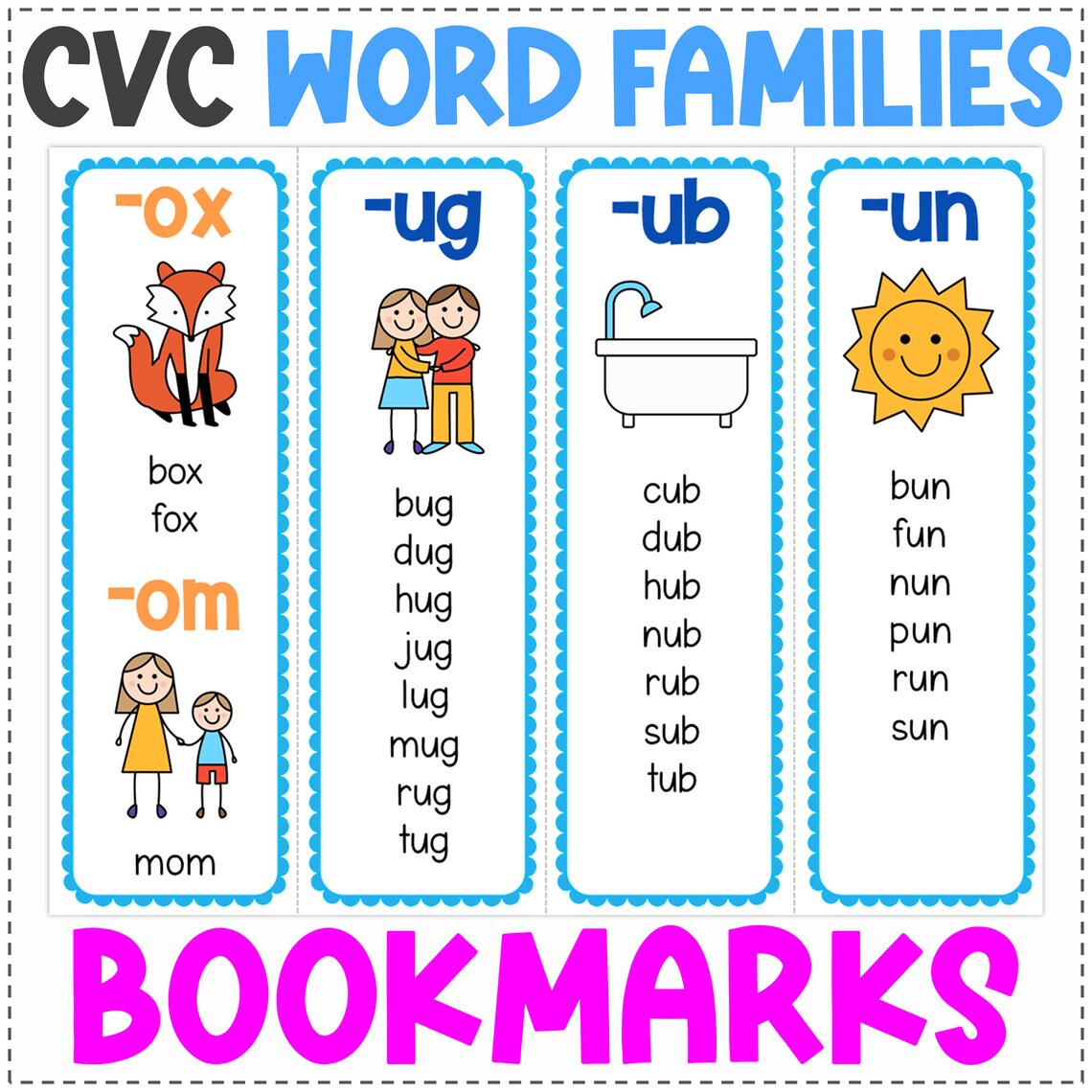 CVC Word Families Bookmarks CVC Words List Review Kindergarten and ...