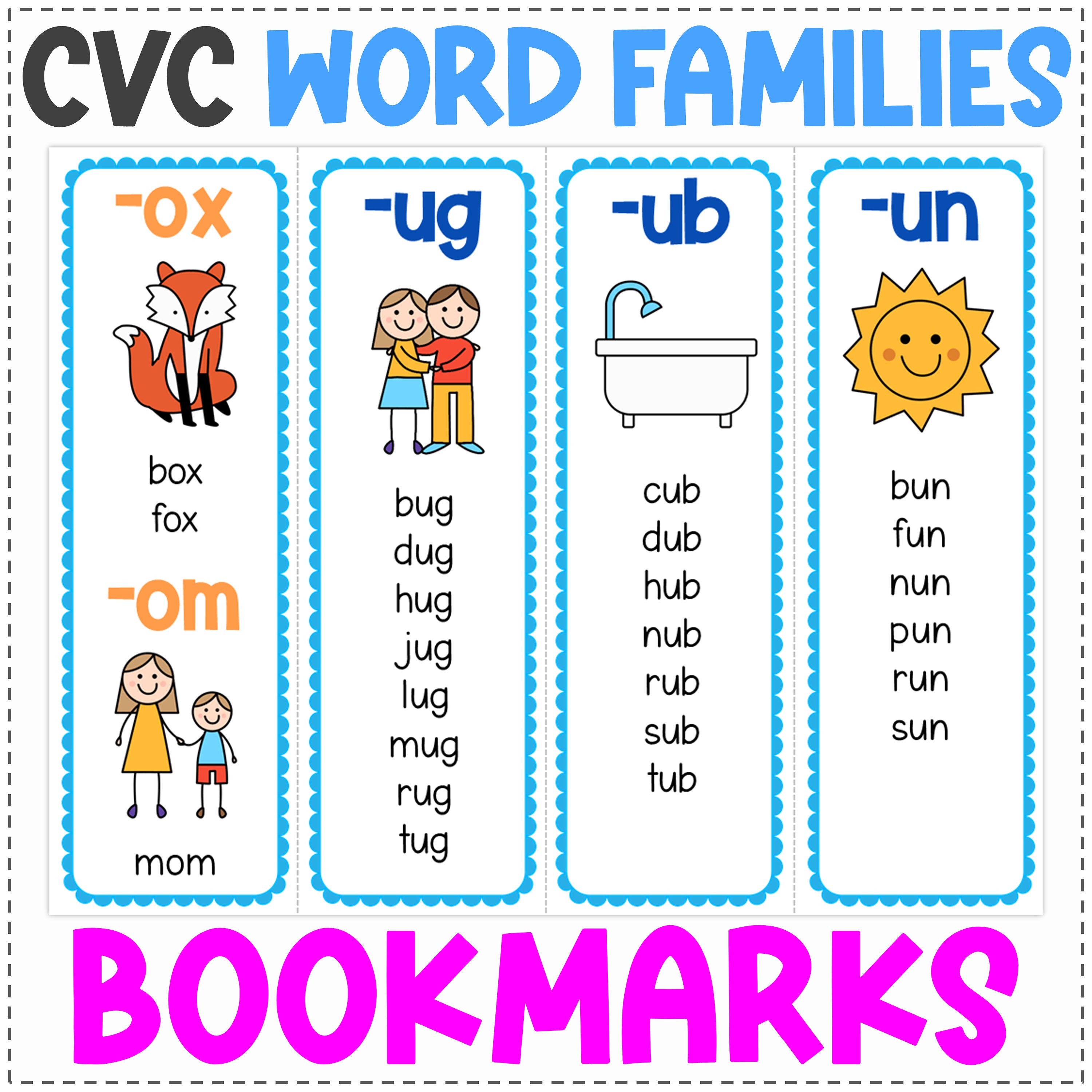 CVC Word Families Bookmarks | CVC Words List Review | Kindergarten and ...