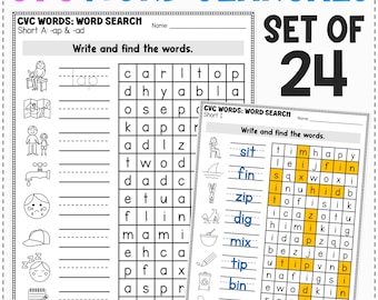 CVC Word Searches Fun CVC Word Families Review Activity Kindergarten ...