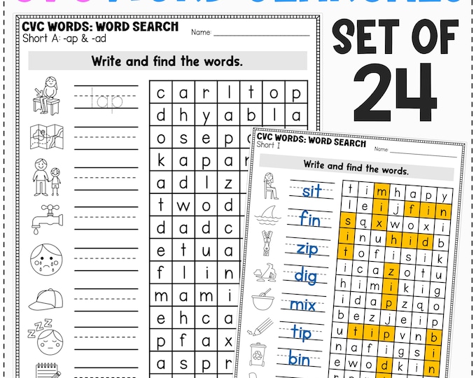 CVC Word Searches | Fun CVC Word Families Review Activity ...