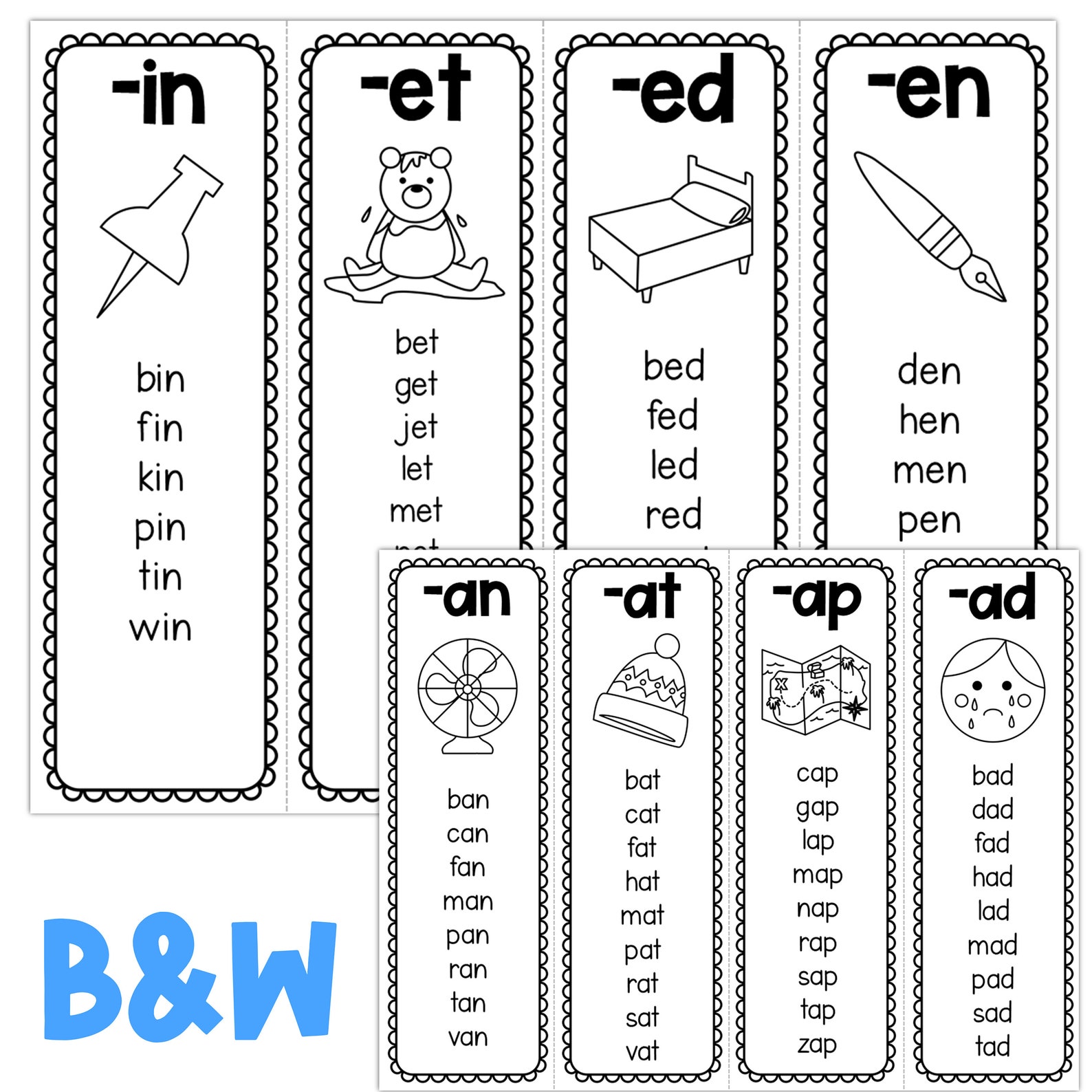CVC Word Families Bookmarks | CVC Words List Review | Kindergarten and ...