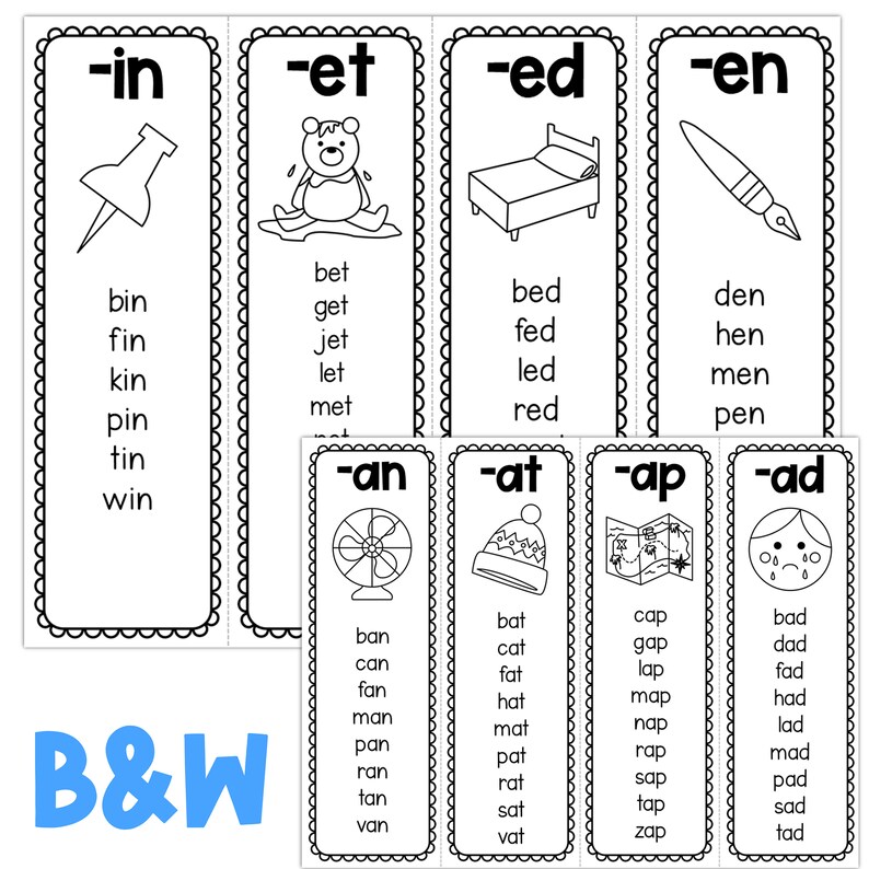 CVC Word Families Bookmarks | CVC Words List Review | Kindergarten and ...