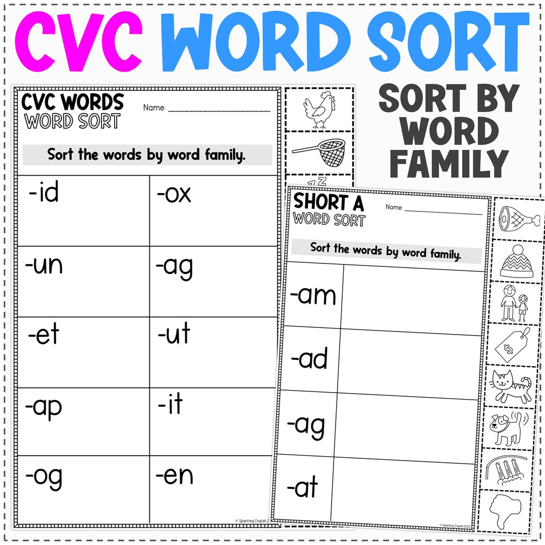 CVC Word Sort Activity - Review CVC Word Families Picture Sort ...