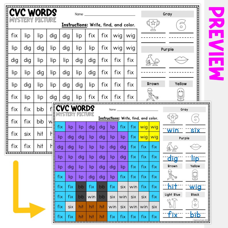 CVC Words Mystery Pictures | Fun CVC Words Review Activity Worksheets ...