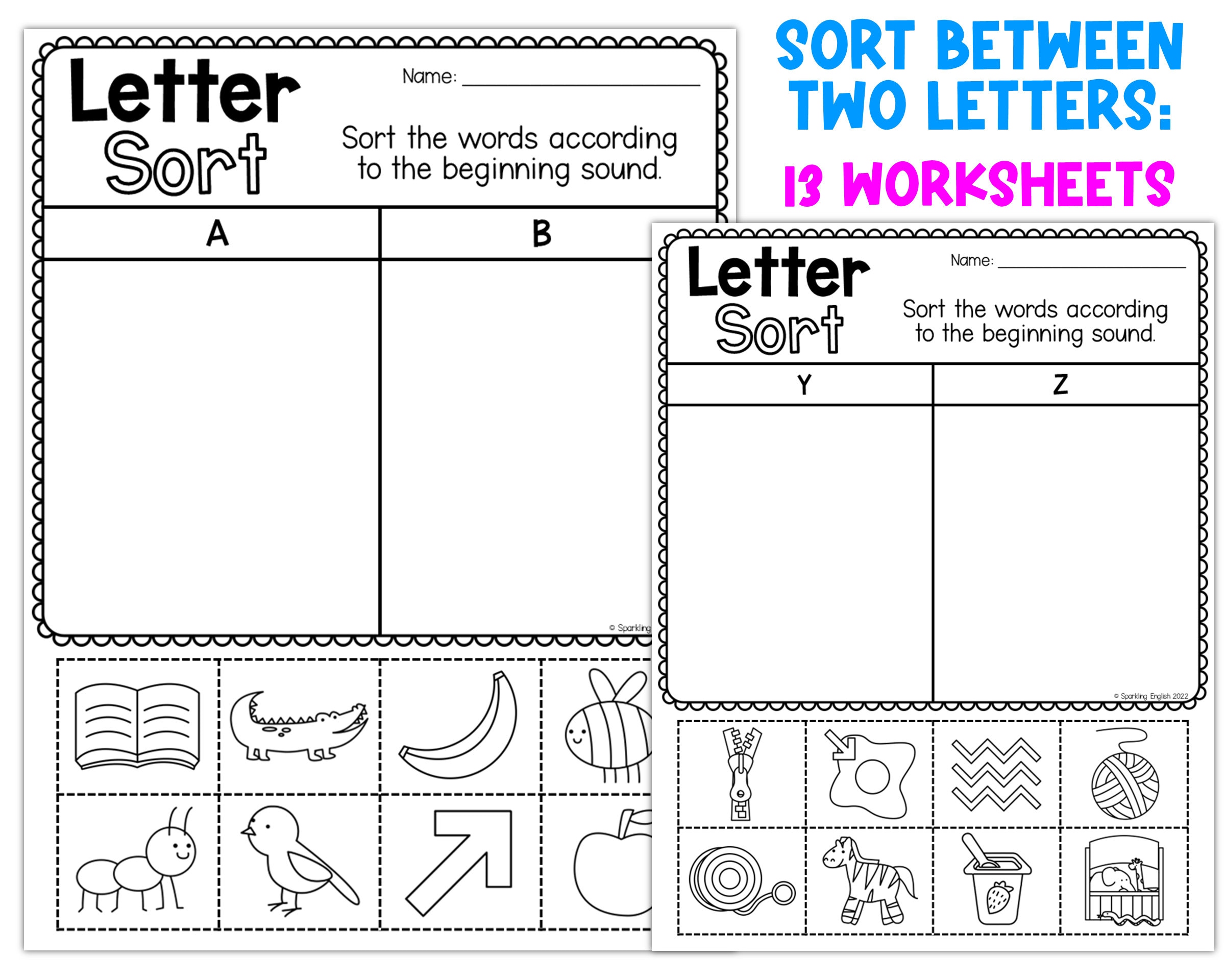 Alphabet Letter Sorting Practice Worksheets Beginning Sounds Sort Hands-on Activity Preschool ...
