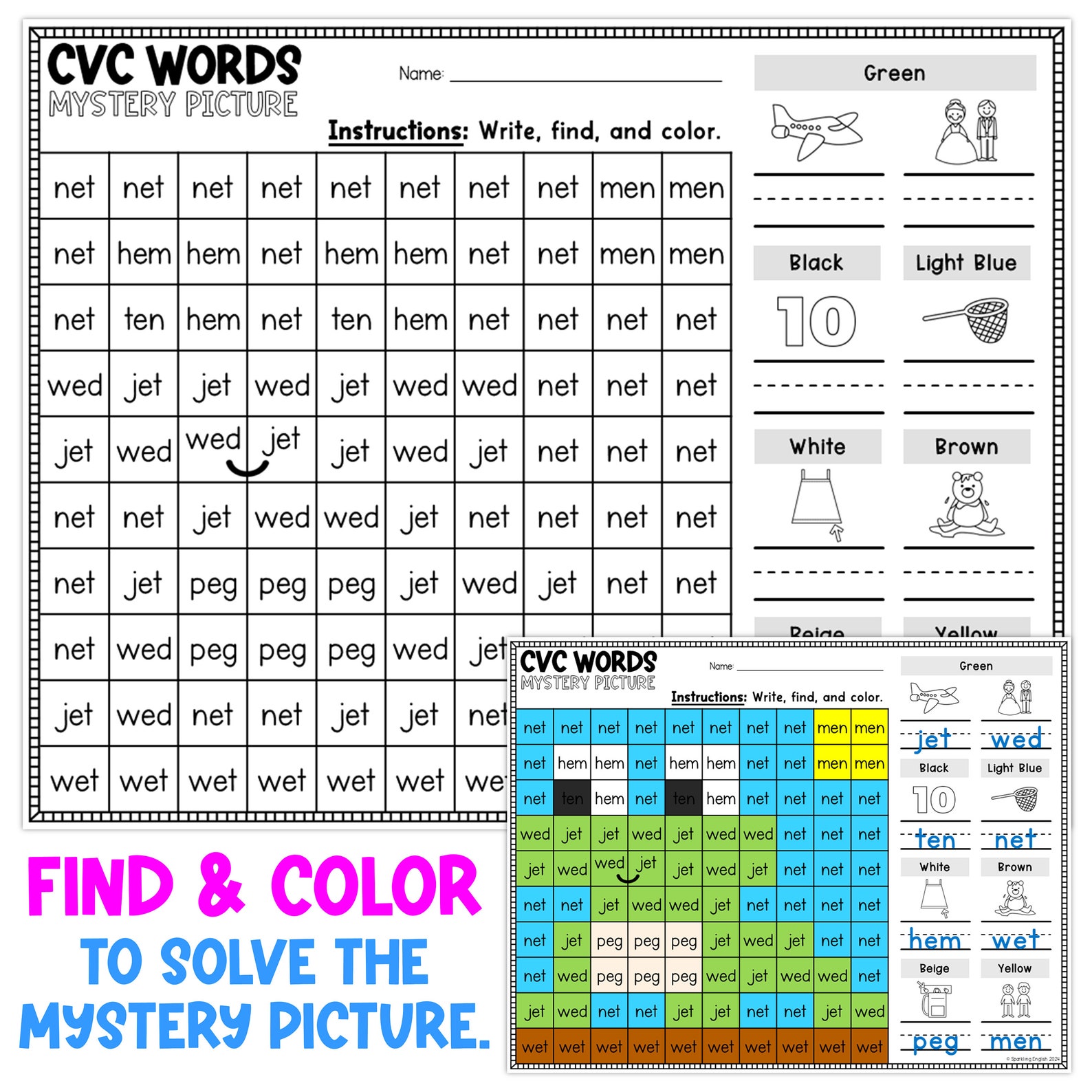CVC Words Mystery Pictures | Fun CVC Words Review Activity Worksheets ...