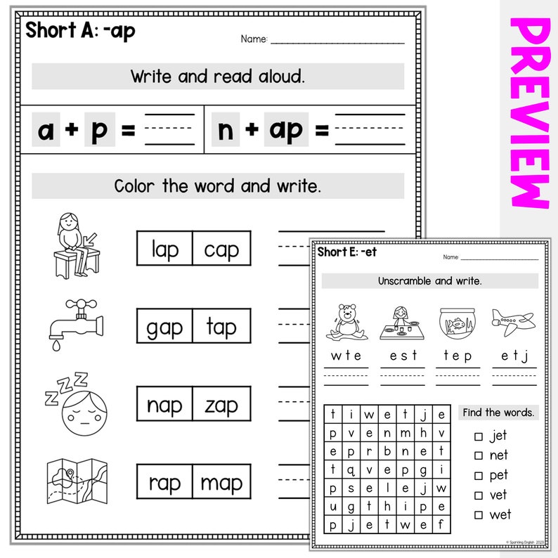 CVC Word Families Bundle | CVC Words Review Worksheets | Printable ...
