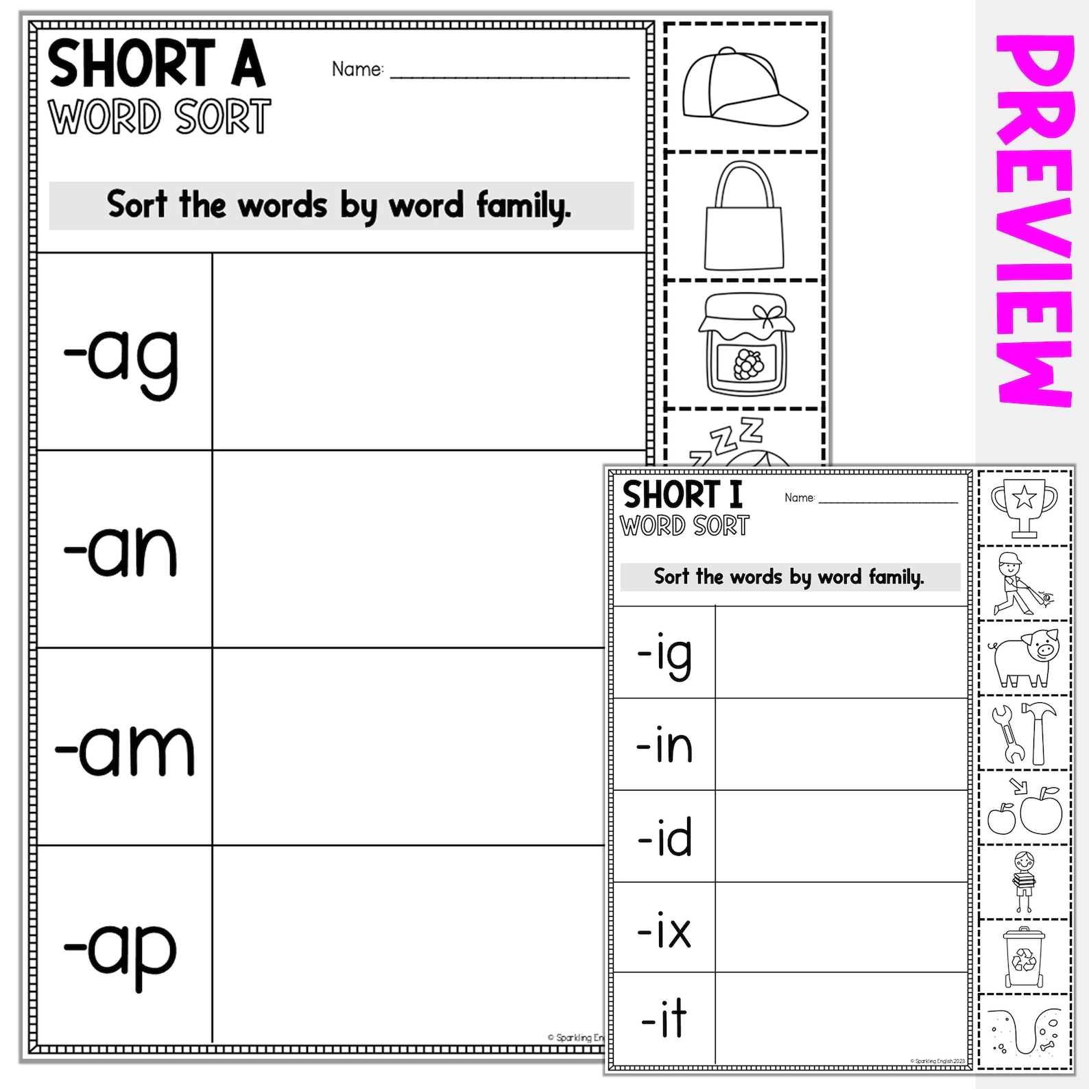 CVC Word Sort Activity - Review CVC Word Families Picture Sort ...