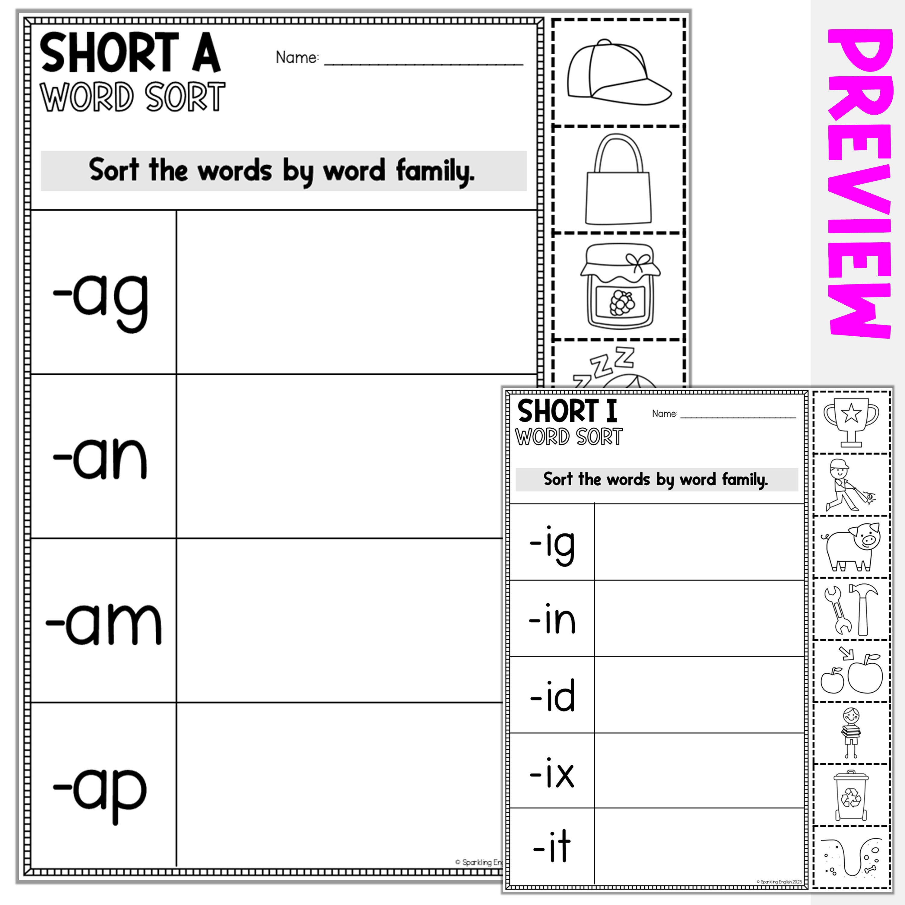 CVC Word Sort Activity - Review CVC Word Families Picture Sort ...