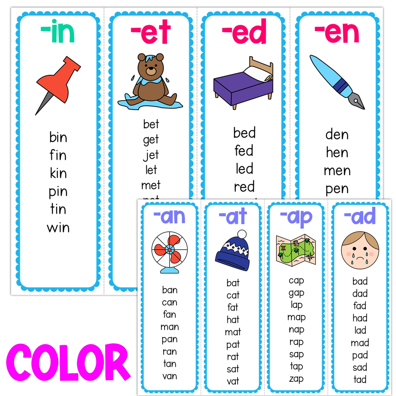CVC Word Families Bookmarks CVC Words List Review Kindergarten and ...