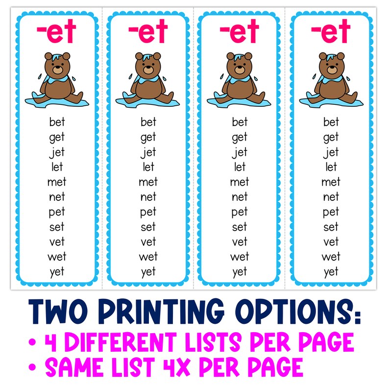 CVC Word Families Bookmarks | CVC Words List Review | Kindergarten and ...