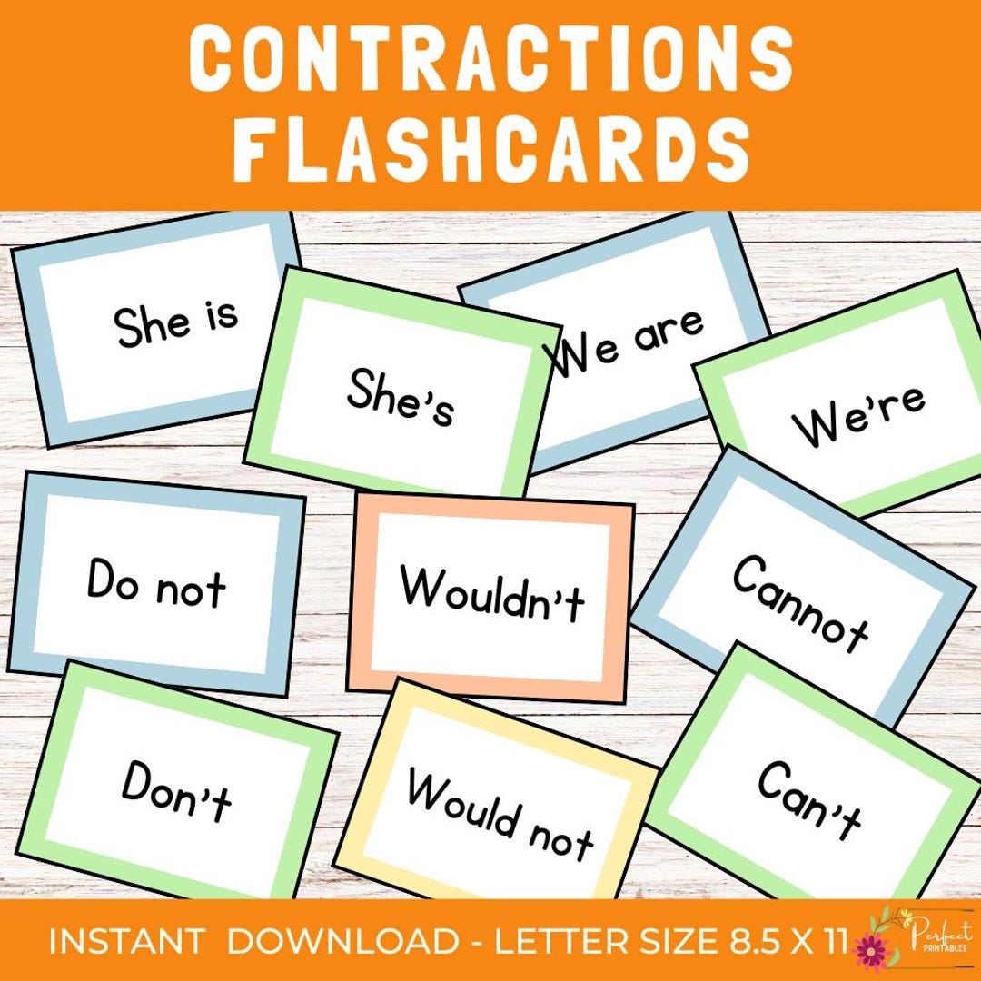 90 Common Contractions Flash Cards - Contractions Practice Cards for ...