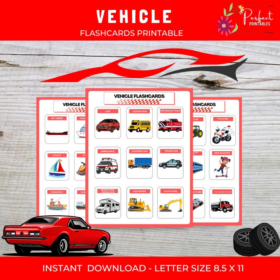 Vehicle Flashcards for Kids, Printable Activities for Preschool ...