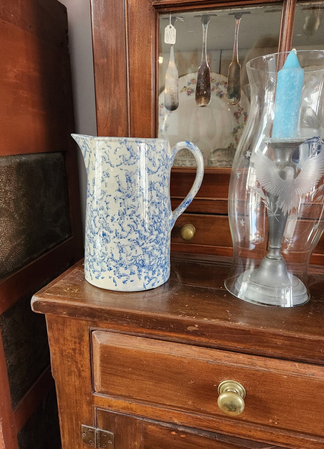 Antique Blue and White Spongeware Spatterware Pitcher Stoneware Tall ...