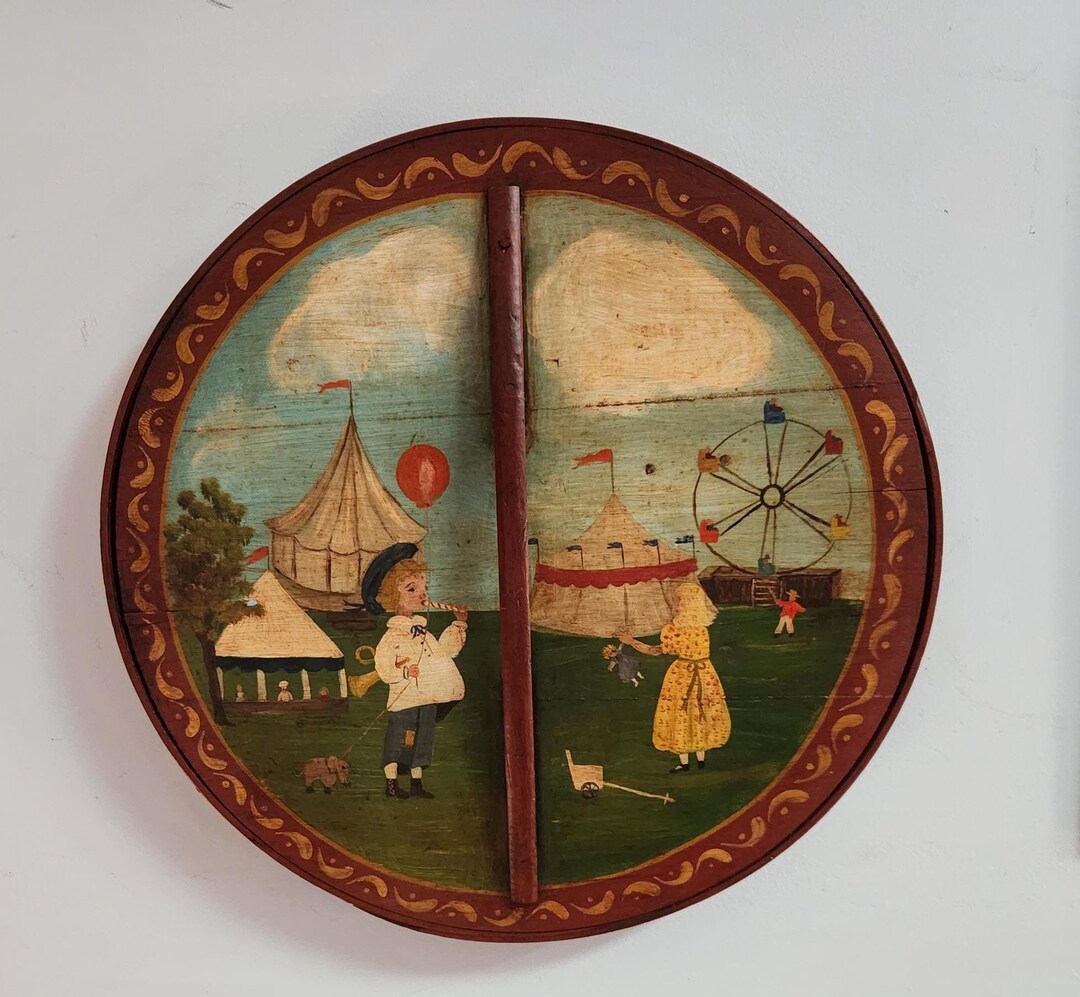 Folk Art Painted Circus Scene Large Wood Lid With Handle Primitive - Etsy