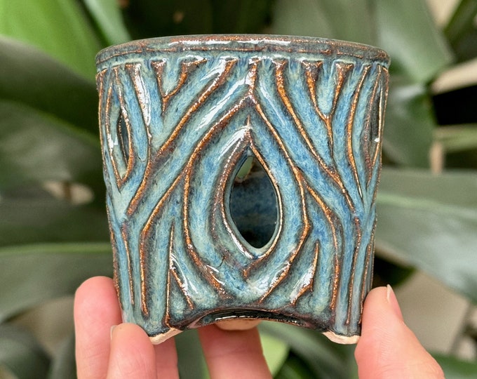 Small Blue Mini Carved Textured Ceramic Orchid Pottery Planter Pot With ...