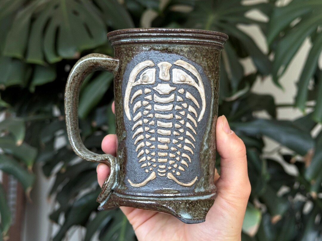 12 Oz Handmade Ceramic Pottery Blue Celadon Slip Trailing Black ...