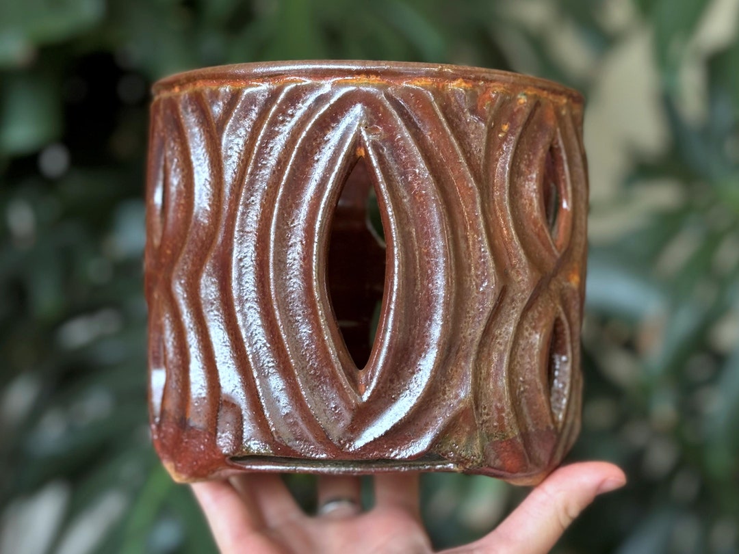 6" Handmade Carved Metallic Red Brown Ceramic Pottery Orchid Planter ...