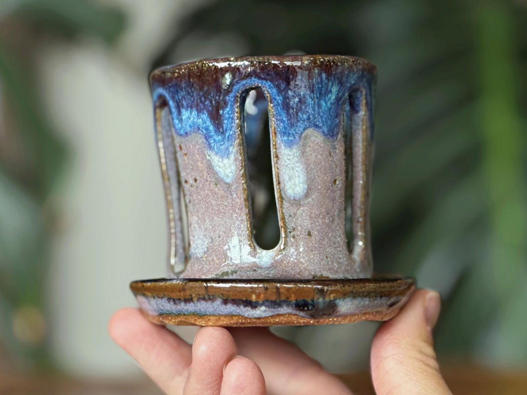 2.5" Tiny Micro Mini Purple Blue Multicolor Drippy Glaze Glazed Ceramic ...