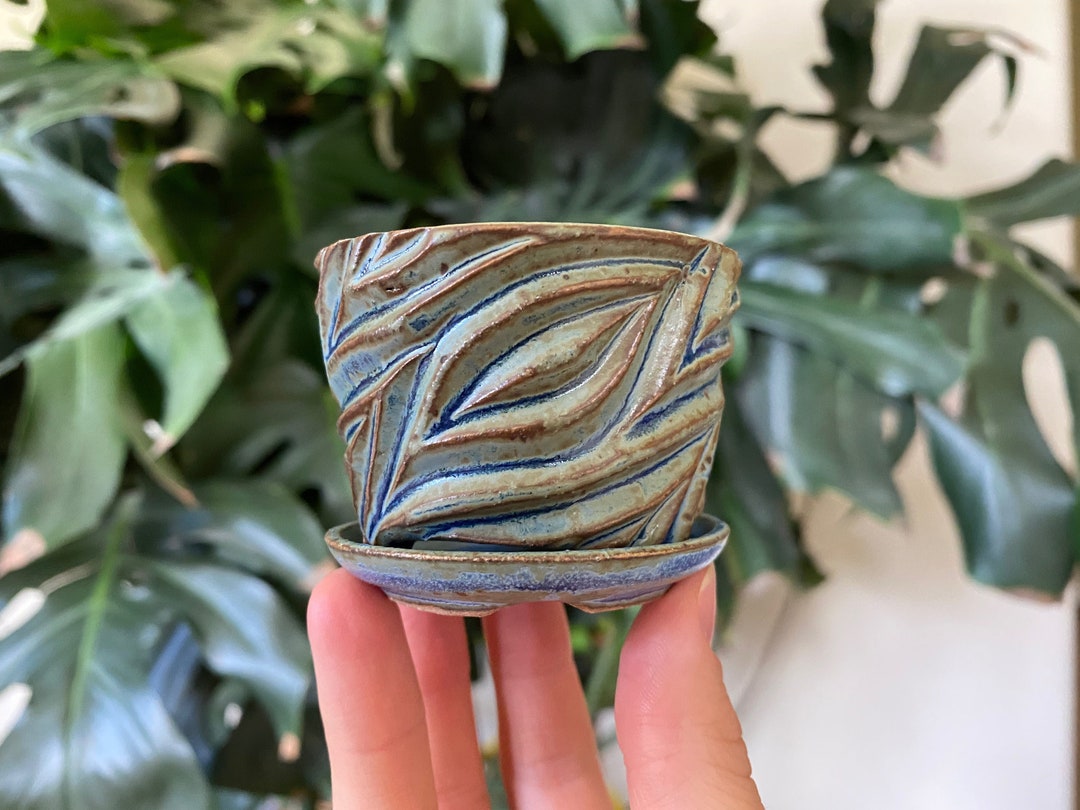 Tiny Micro Mini Blue Carved Ceramic Planter Pot With Drainage Holes and ...