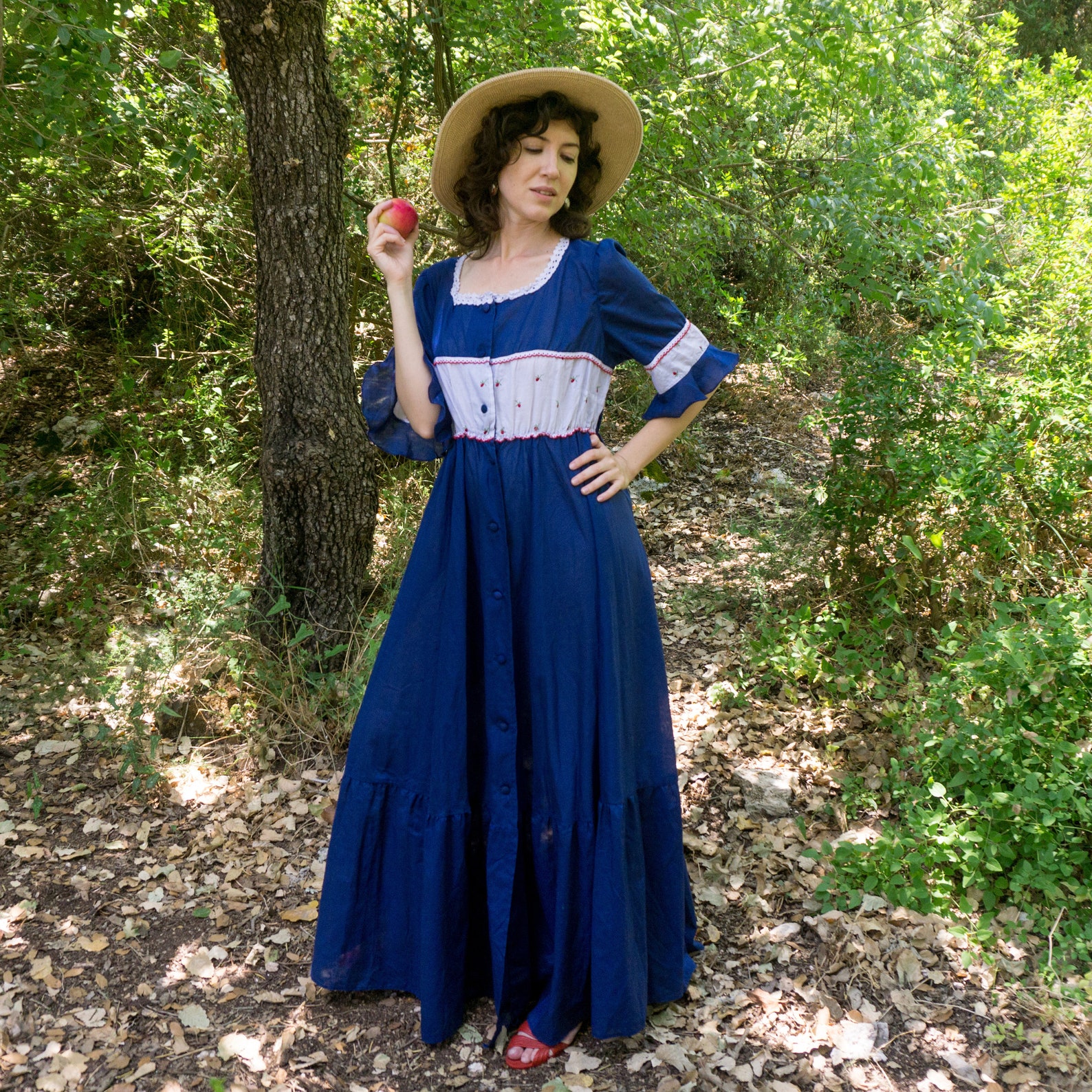 Vintage 60's Blue Prairie Button Through Dress With Strawberry ...
