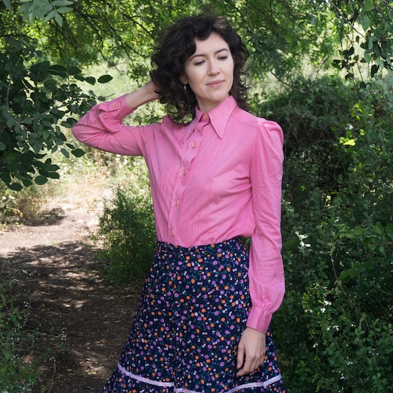 Vintage 70's pink button up shirt with front pleats | Etsy