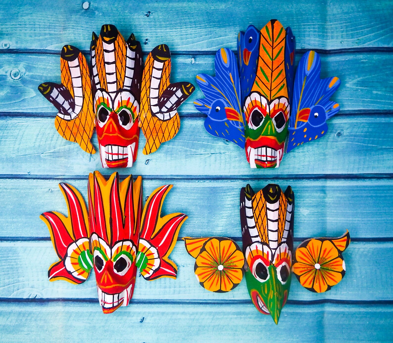 Asian Hand Carved Traditional Raksha Tiki Mask 4 set of | Etsy