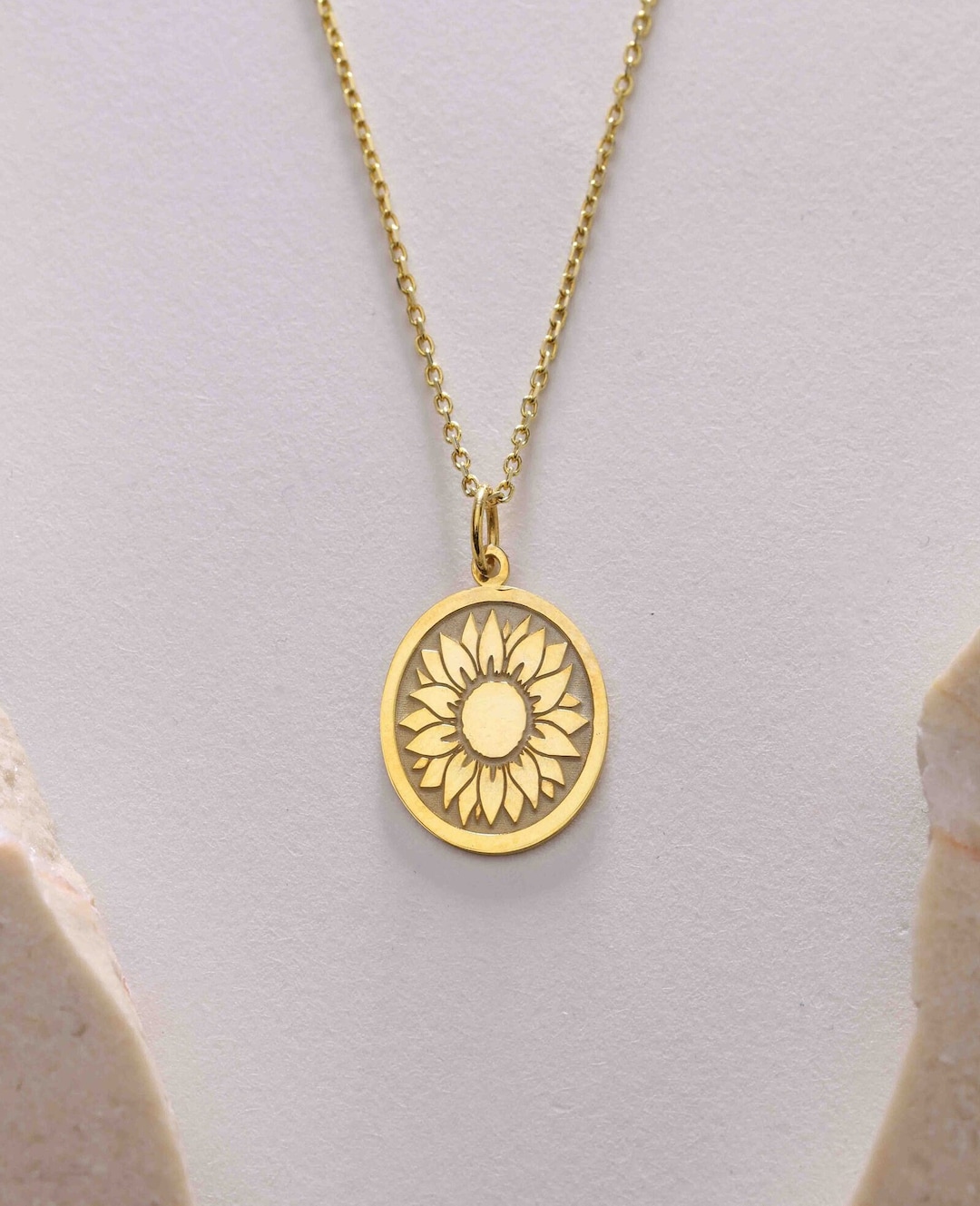 14k Solid Gold Sunflower Disc Pendant, 14K Gold Sunflower Necklace ...