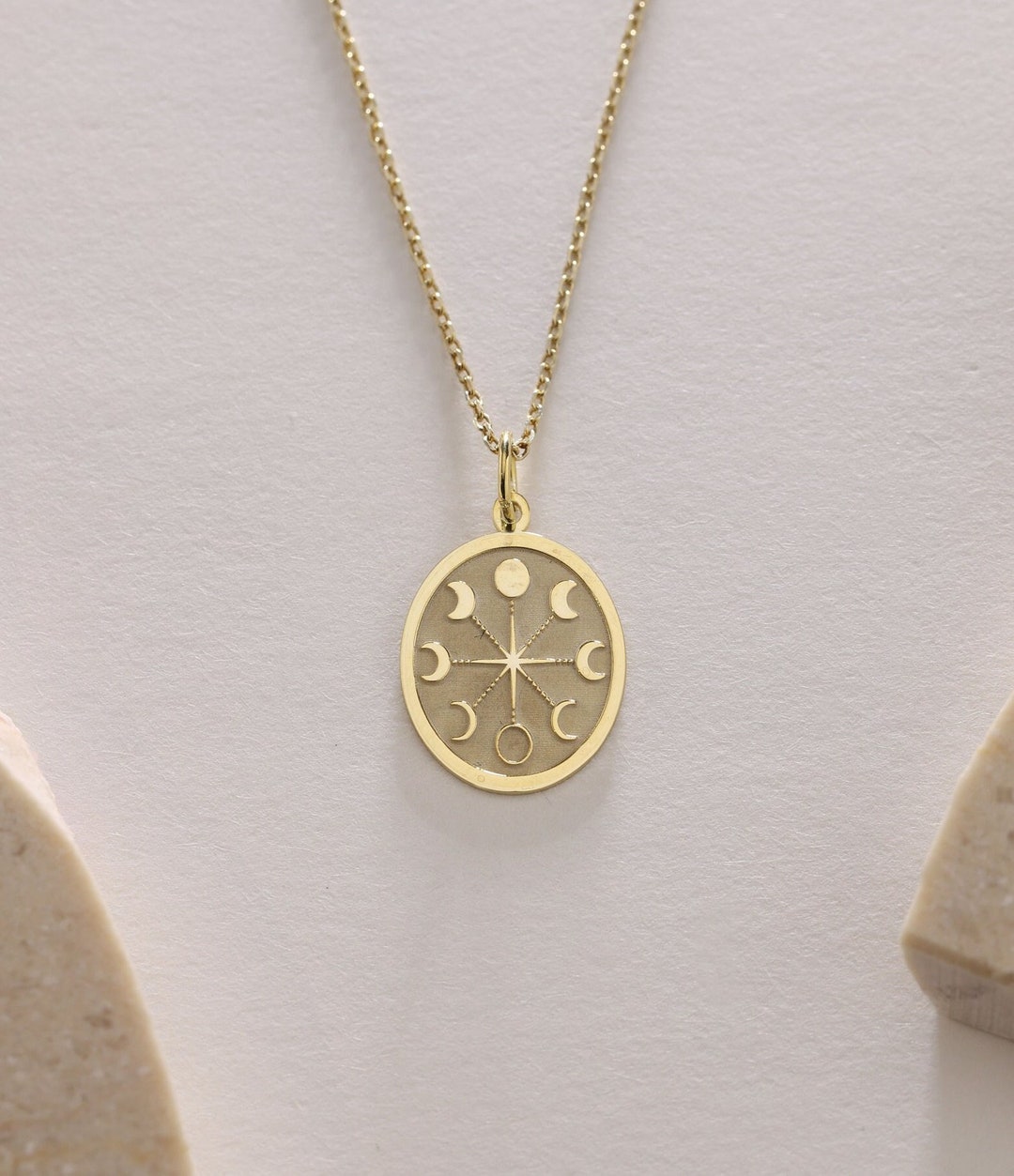 14k Gold Moon Necklace , Solid Gold Crescent Moon Pendant ...
