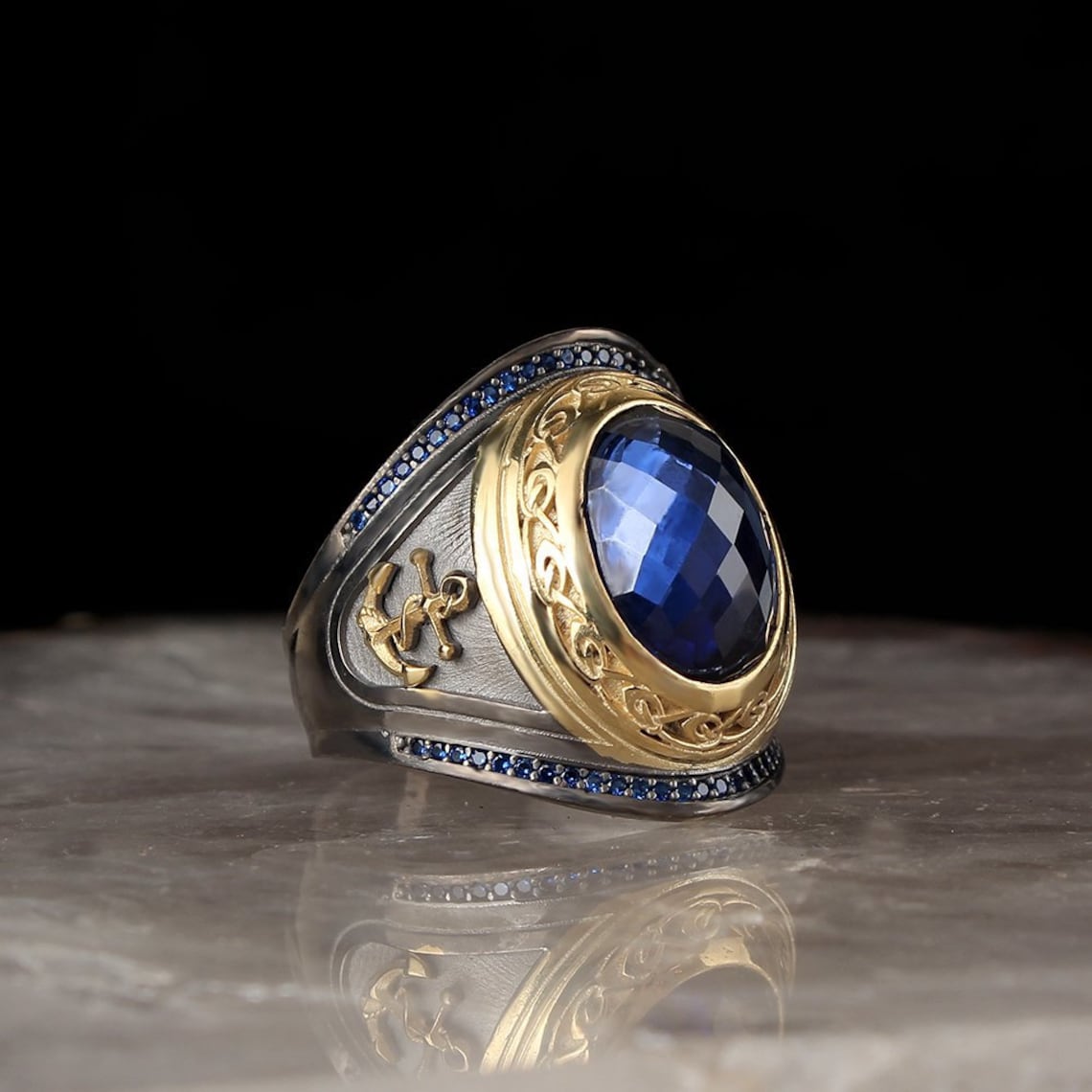 Mens Rings Anchor Ring Unique Men Ring Sapphire Stone Ring - Etsy