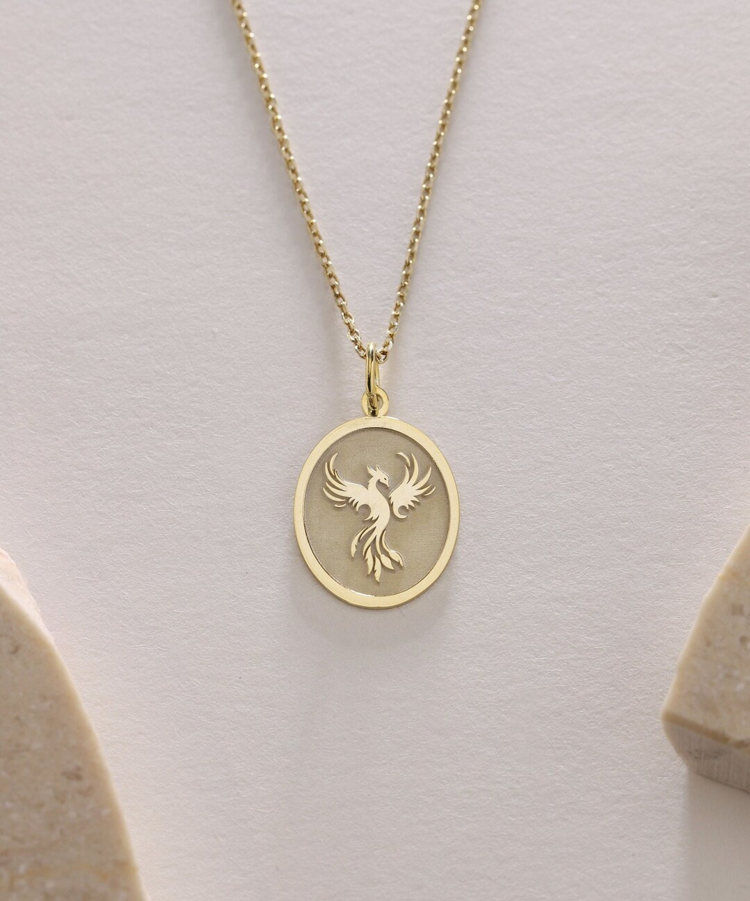 14k Gold Phoenix Bird Necklace , Solid Gold Phoenix Pendant ...