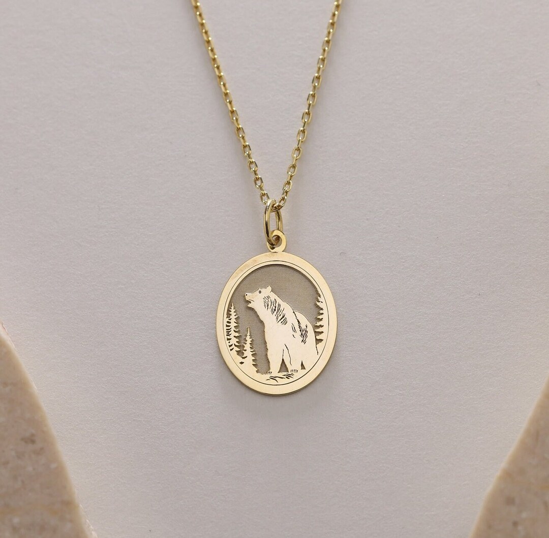 14k Gold Bear Necklace , Solid Gold Mountain Bear Pendant ...