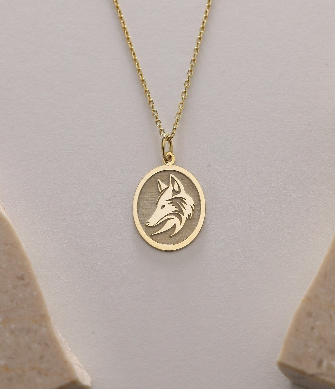 14 Gold Wolf Necklace, Dainty Wolf Disc Pendant, Layering Charm Gold ...