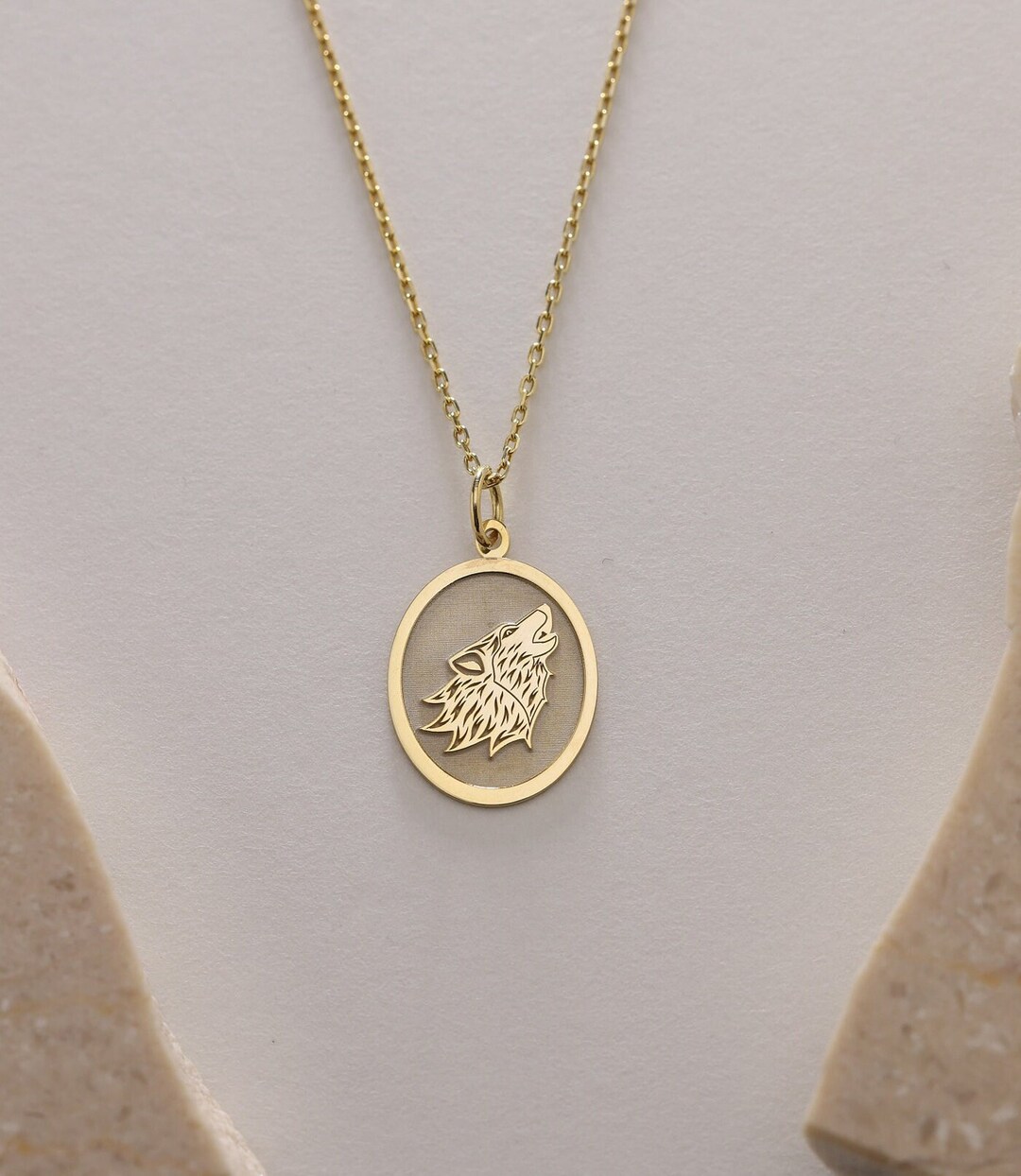 14 Gold Wolf Necklace, Dainty Howling Wolf Pendant, Layering Charm Gold ...