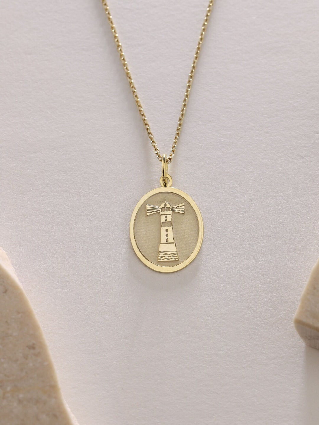 14k Gold Lighthouse Necklace , Solid Gold Lighthouse Pendant , Dainty ...