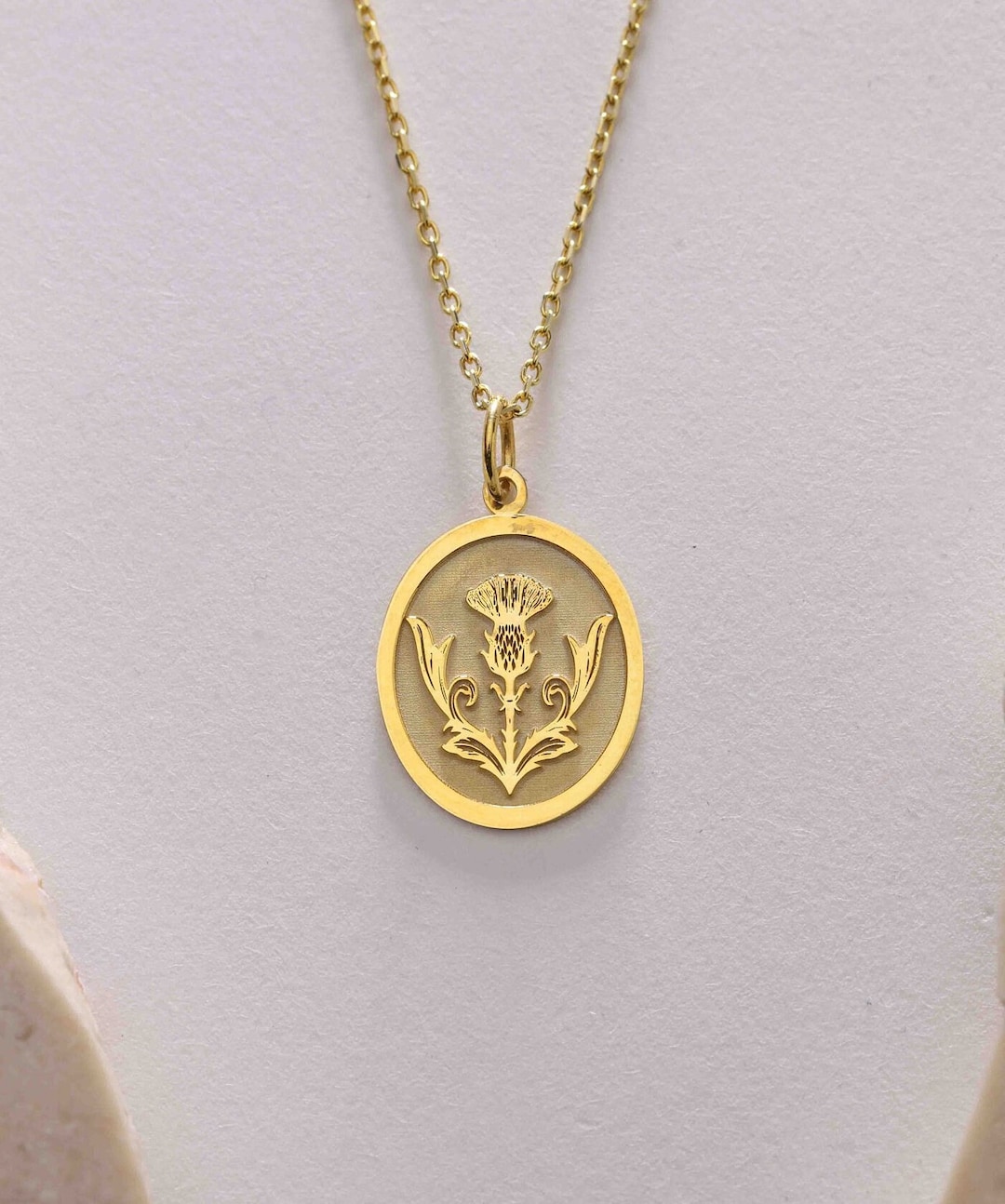 14k Solid Gold Thistle Necklace, Personalized Thistle Pendant, Scotland ...