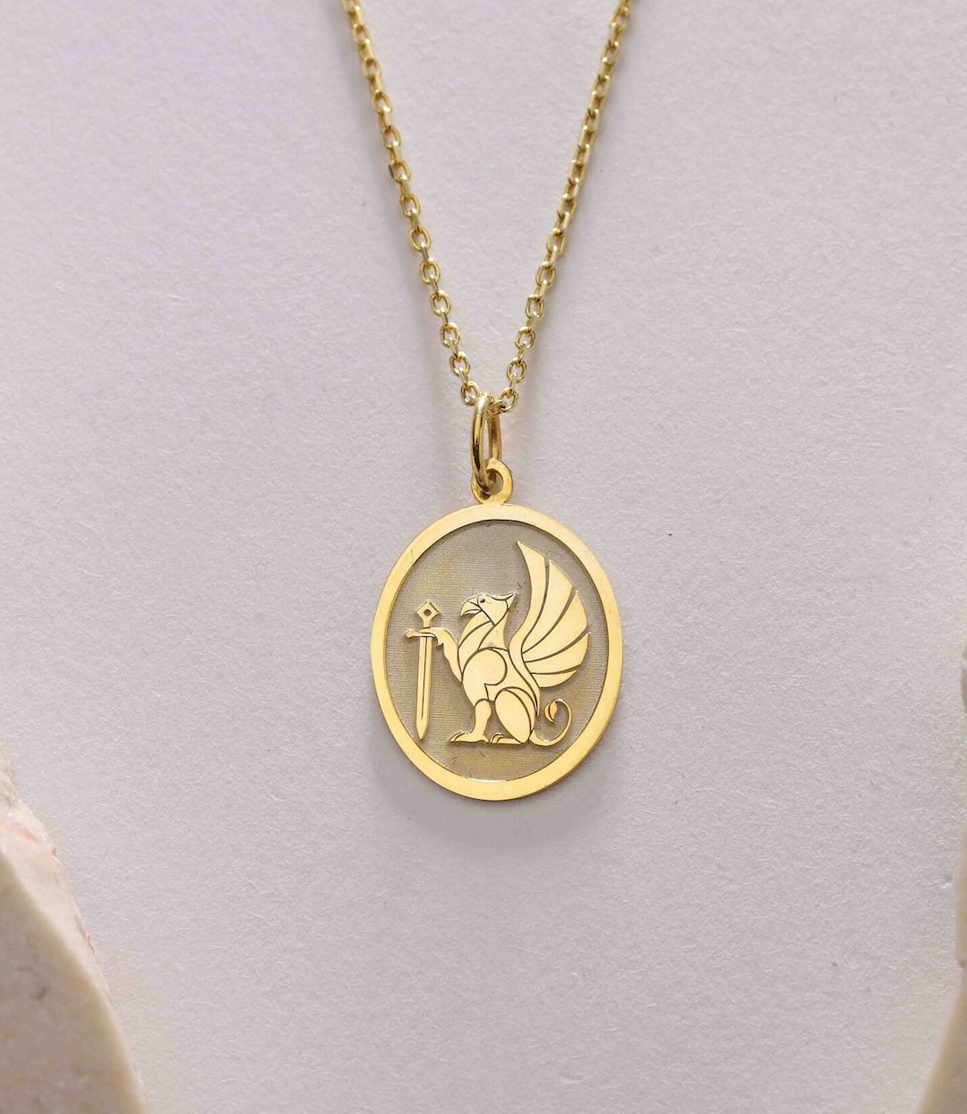 14k Gold Griffin Necklace, Gold Coin Greek Mythology Pendant ...