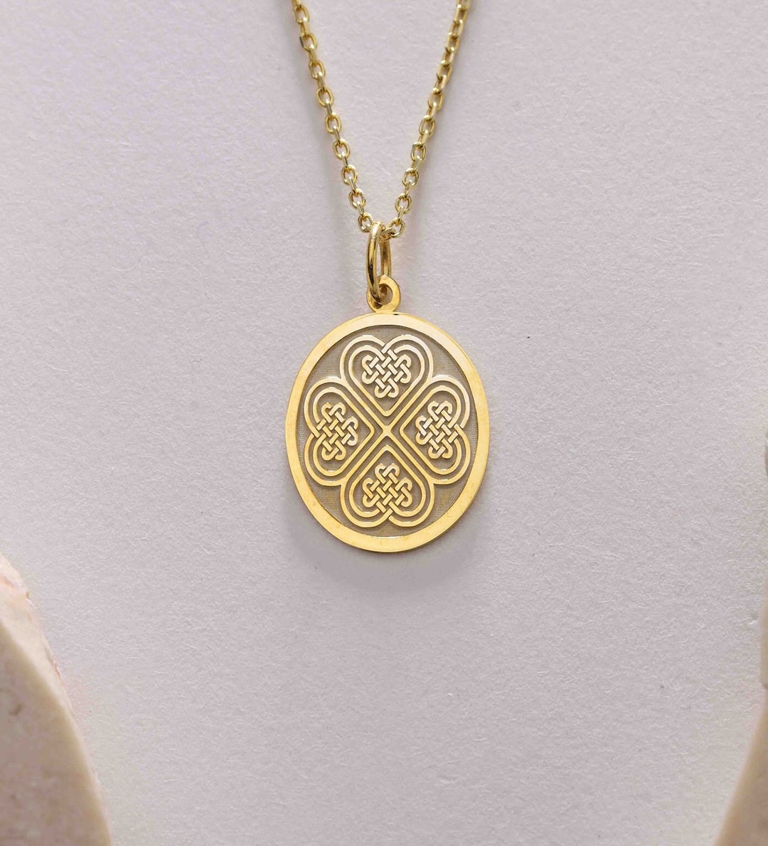 14k Solid Gold Celtic Four Leaf Clover Pendant, Personalized Four Leaf ...