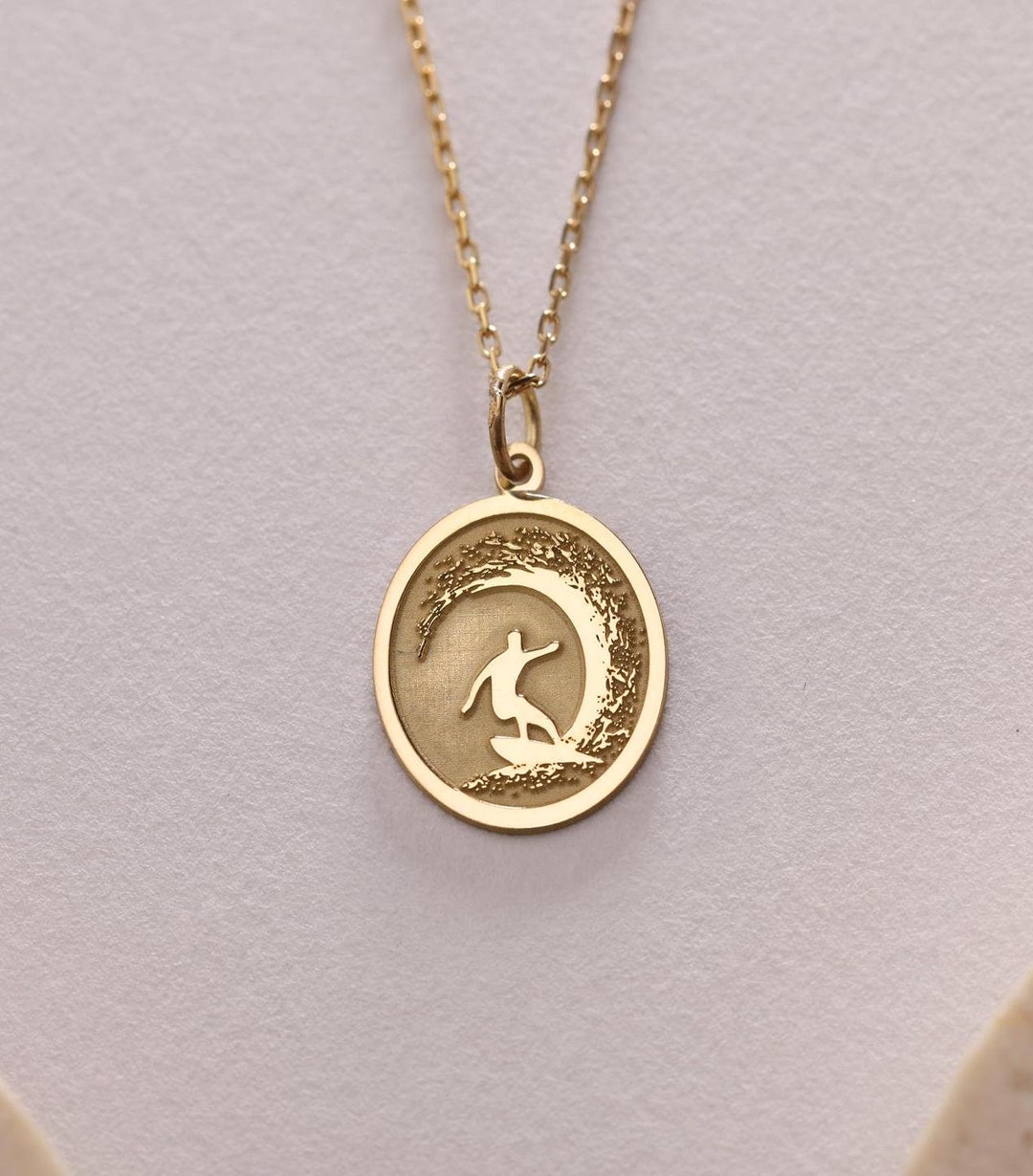 14k Gold Surfing Necklace , Personalized Surfer Pendant, Ocean Wave ...