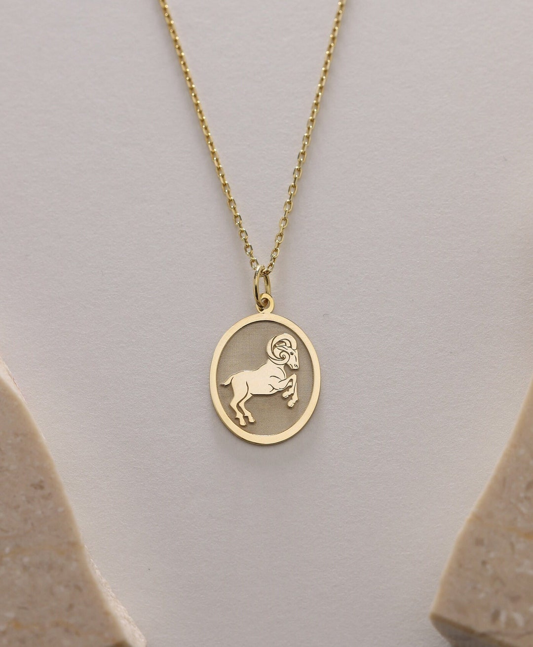 14k Gold Aries Zodiac Necklace , Solid Gold Aries Symbol Pendant ...