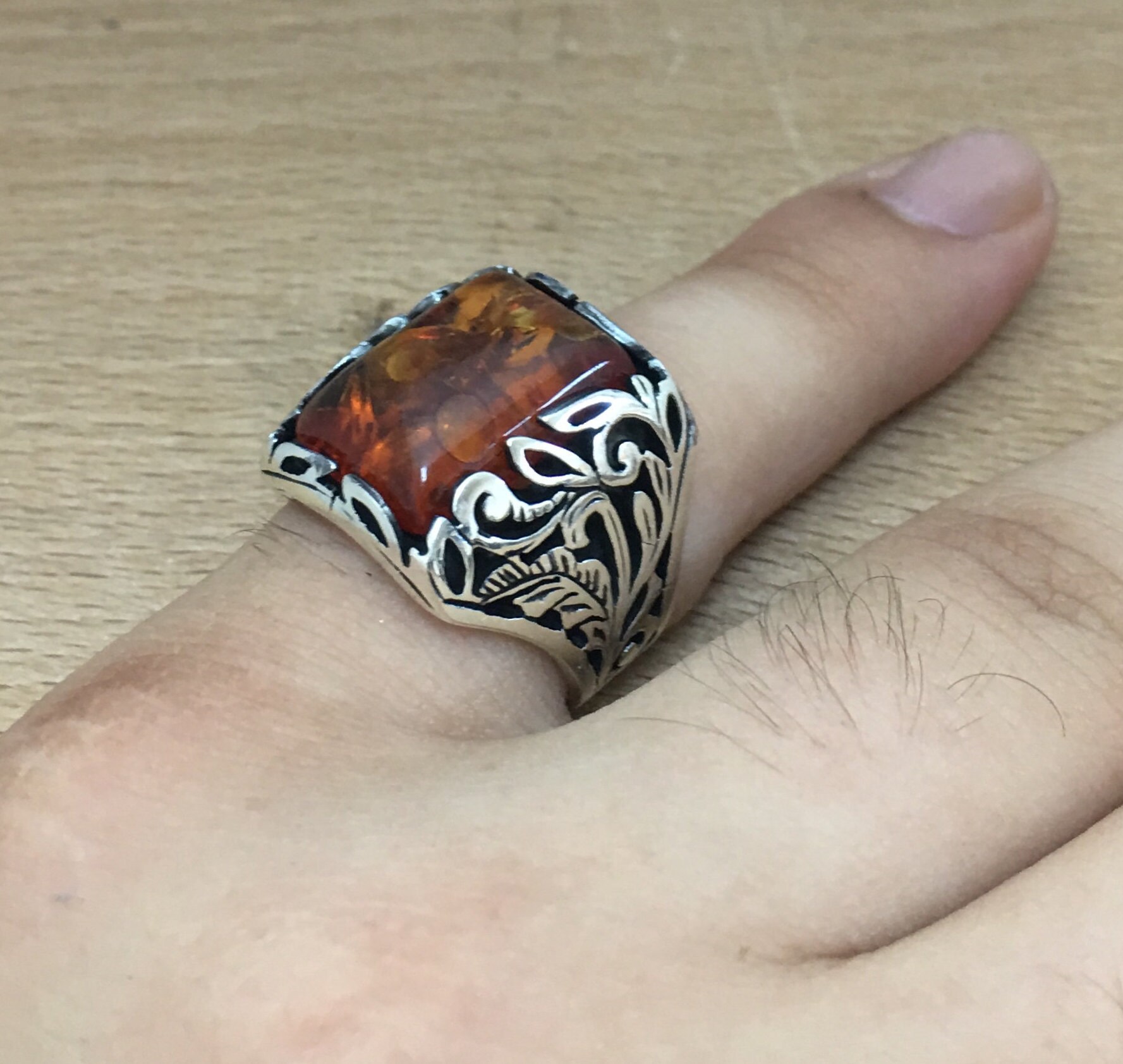 Handmade Silver Men Rings Mens Ring Unique men ring Amber | Etsy