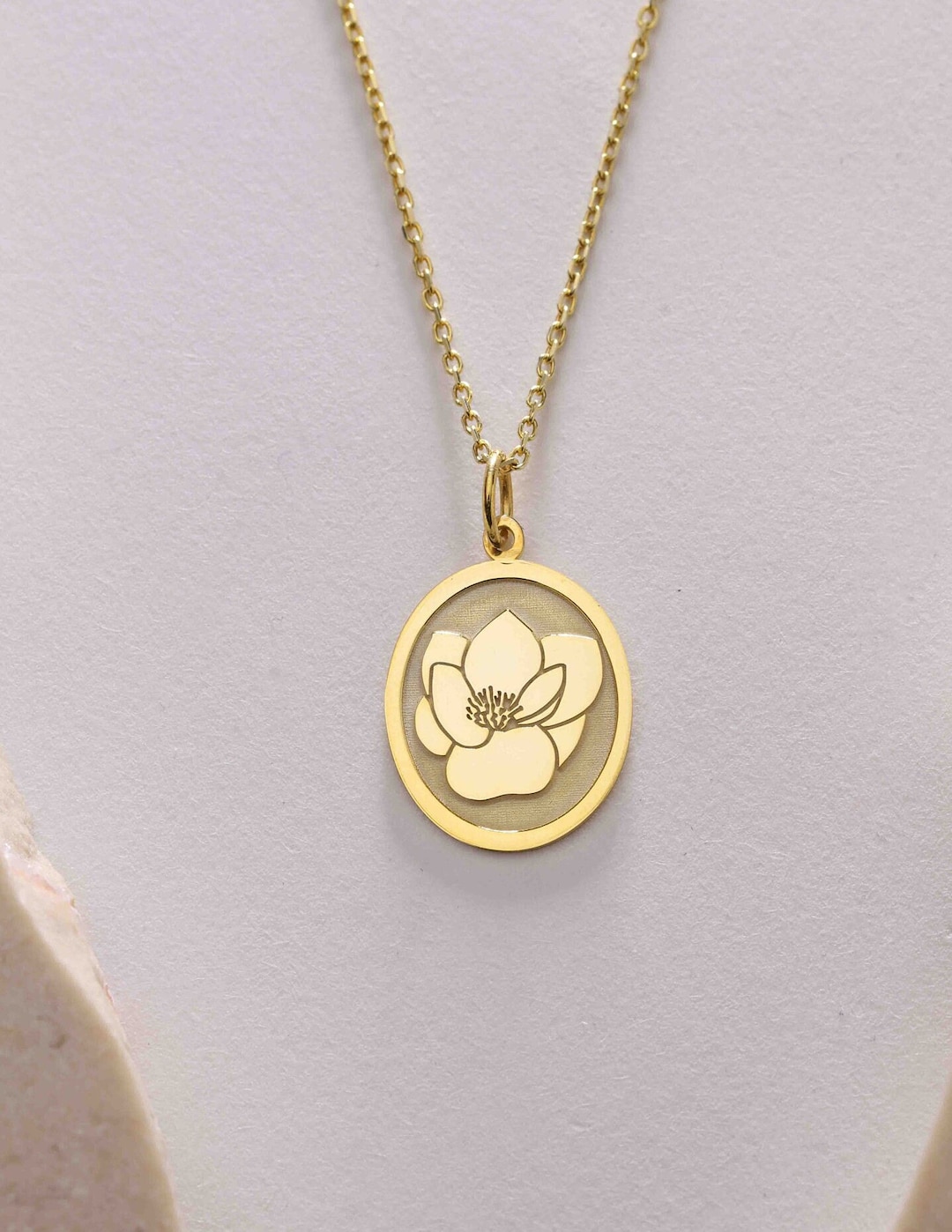 14k Solid Gold Magnolia Necklace, Motherly Love Necklace, Flower ...