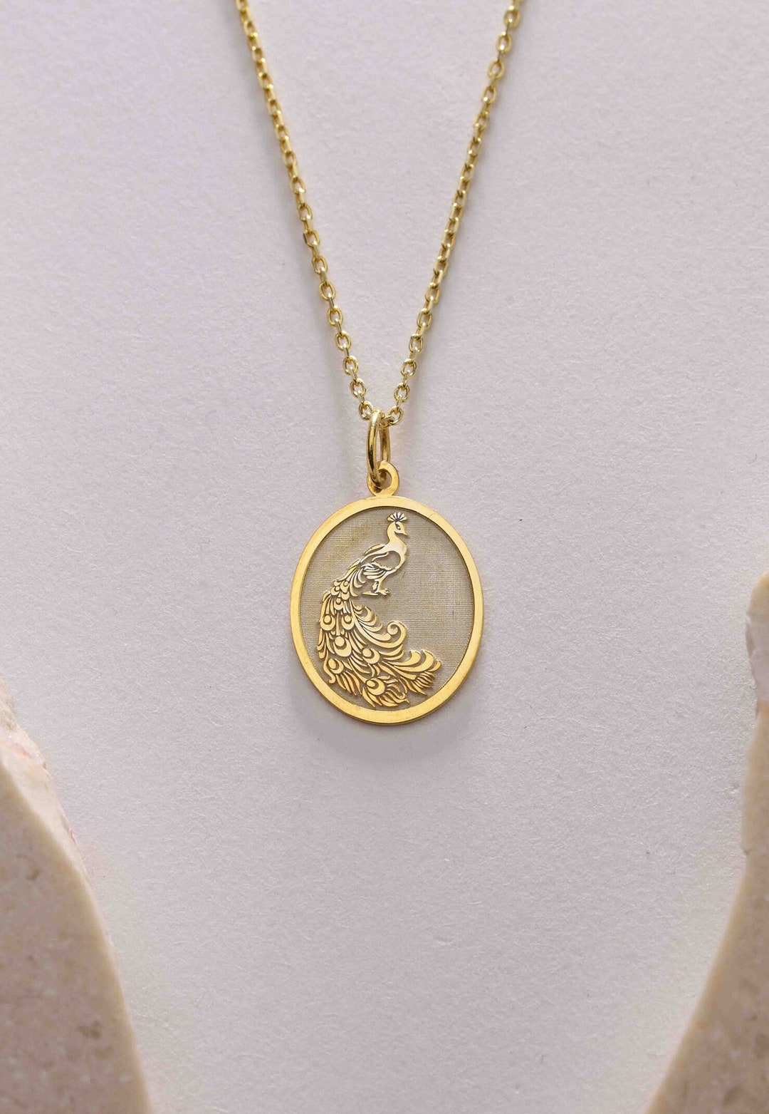 14k Gold Peacock Necklace , Solid Gold Peacock Bird Pendant ...