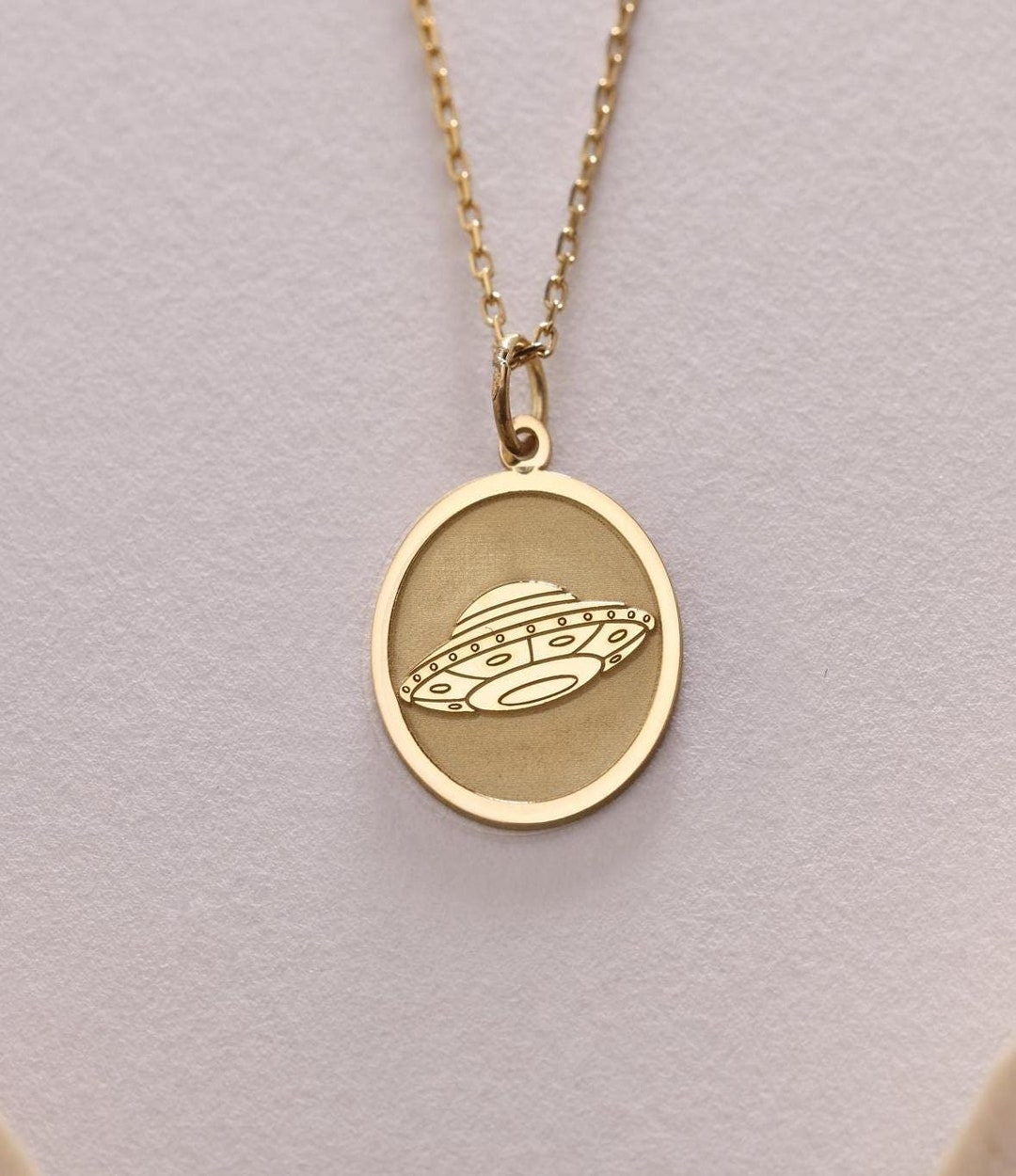 14k Gold UFO Necklace , UFO Gold Necklace, Flying Saucer Silver ...