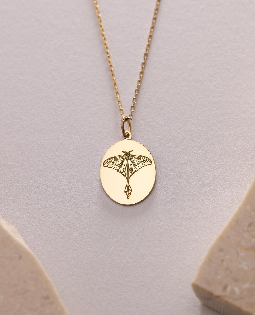 14k Gold Moth Pendant - Moth Necklace, 14k Gold Moon Moth Charm, Moth ...