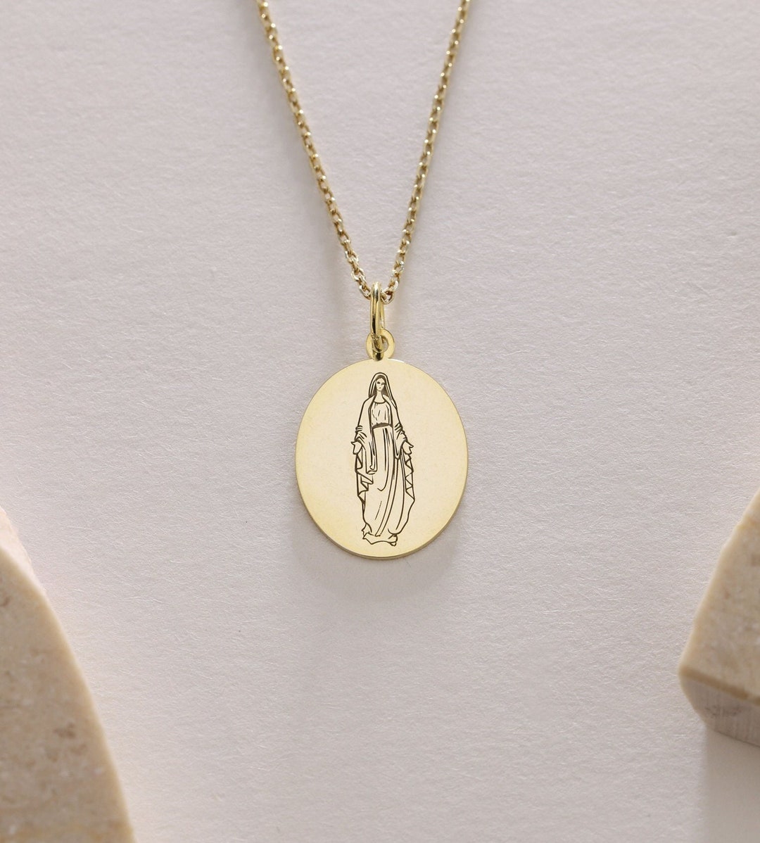 14k Gold Virgin Mary Necklace , Solid Gold Virgin Mary Pendant ...