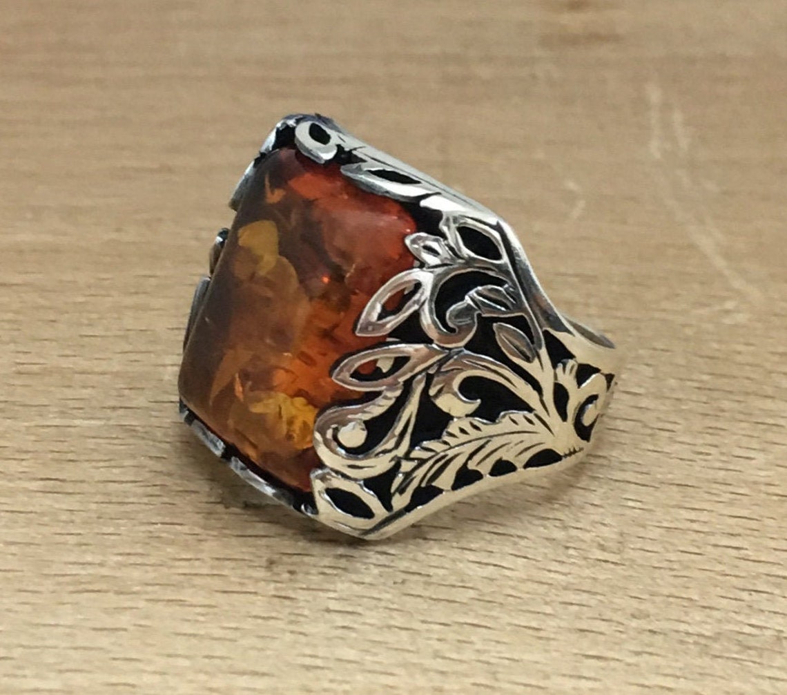 Handmade Silver Men Rings Mens Ring Unique men ring Amber | Etsy