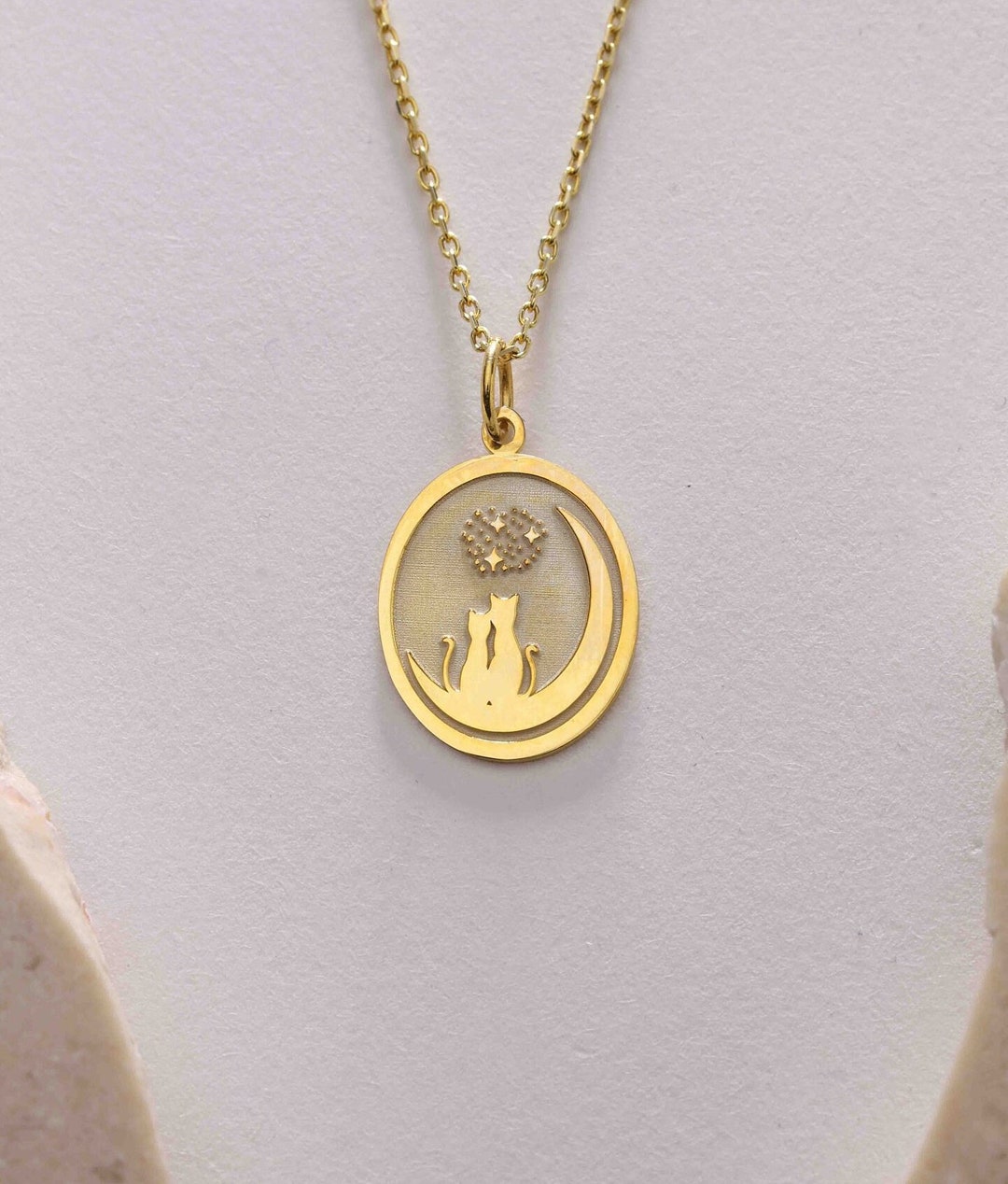 14k Solid Gold Cat and Moon Necklace, Personalized Cat Moon Pendant, Gold Cat Moon Jewelry, Gold ...